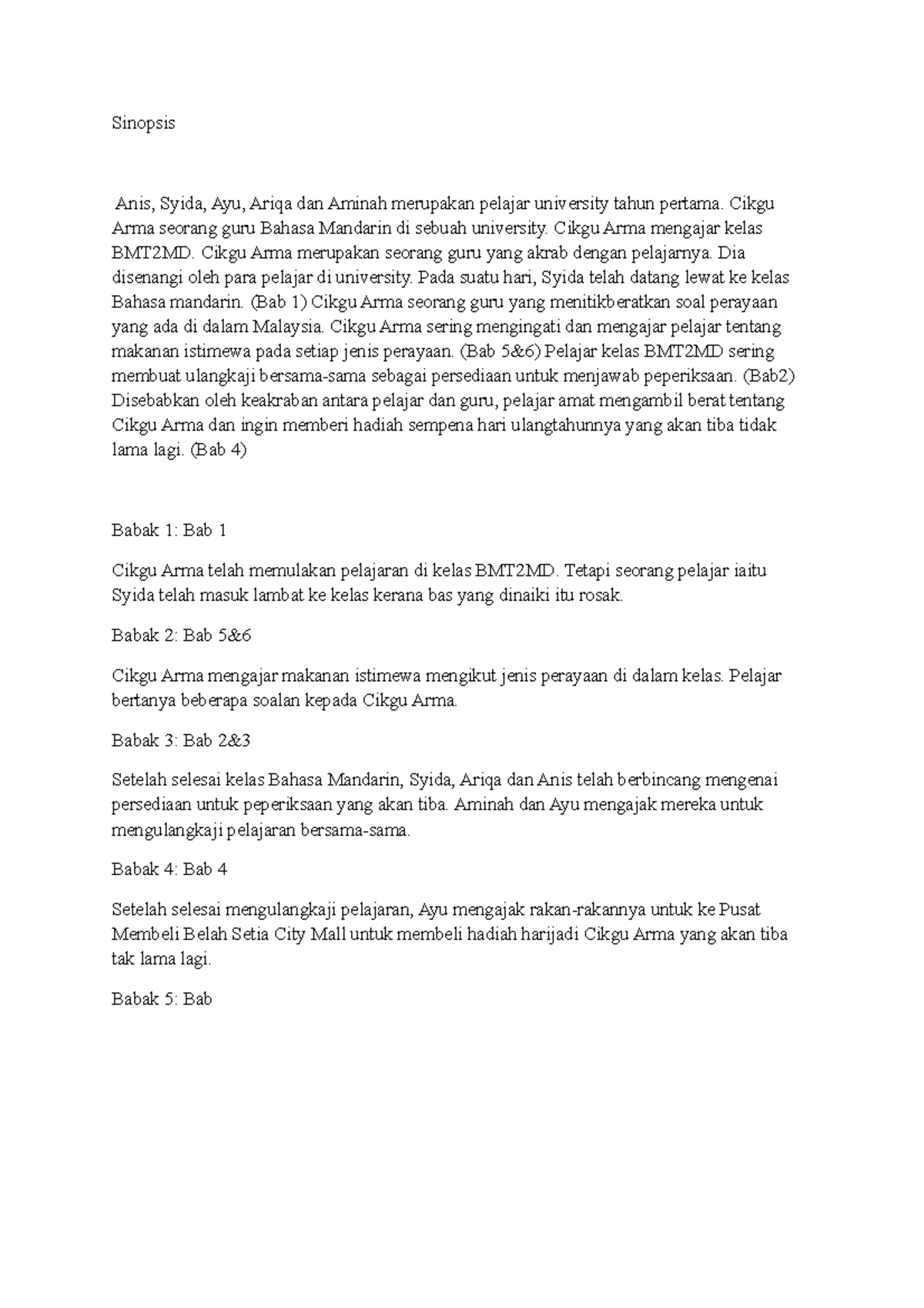 Draft Skrip Mandarin - Simulation Assignment - Sinopsis Anis, Syida, Ayu, Ariqa dan Aminah ...