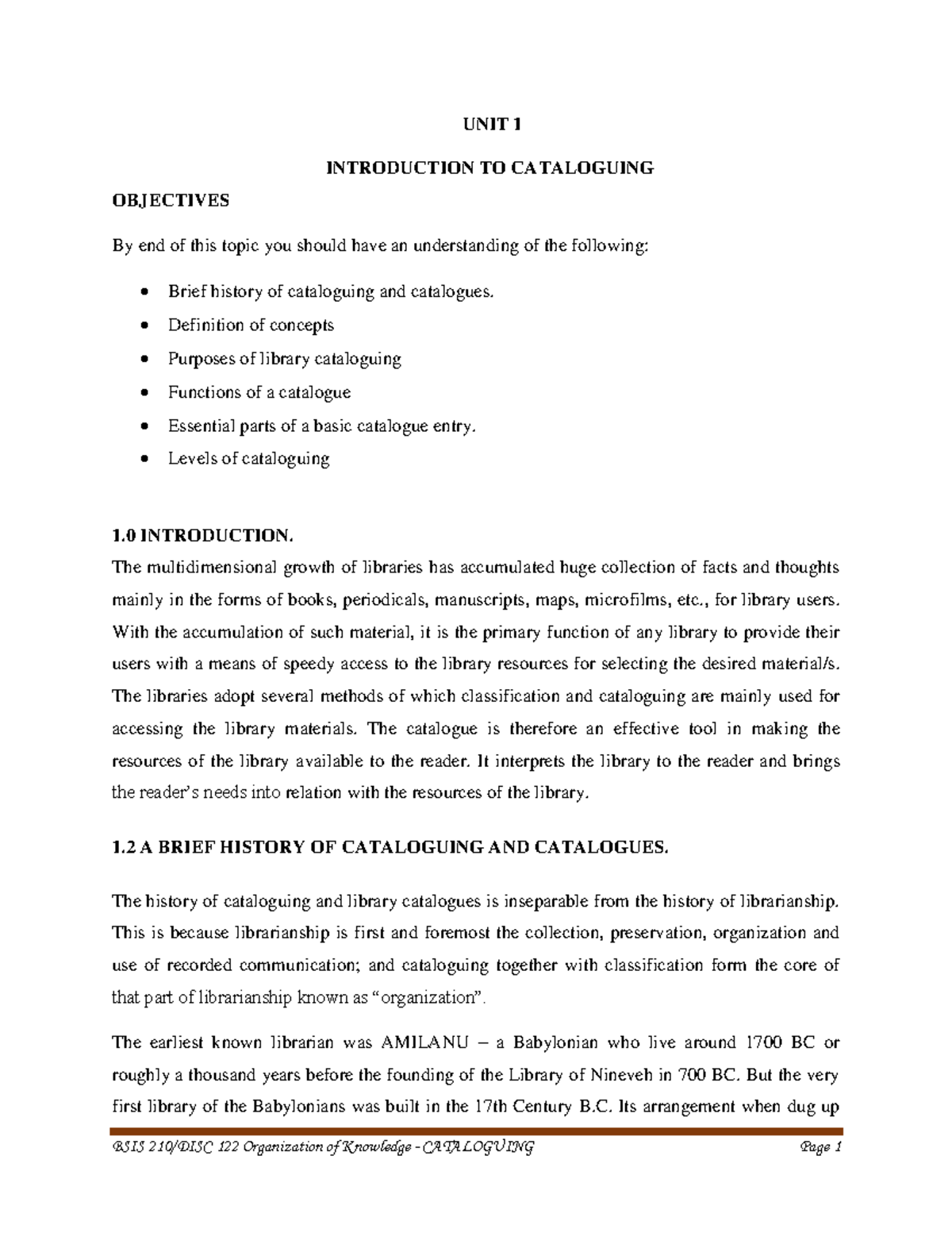 UNIT 1 Introduction to cataloguing - UNIT 1 INTRODUCTION TO CATALOGUING ...