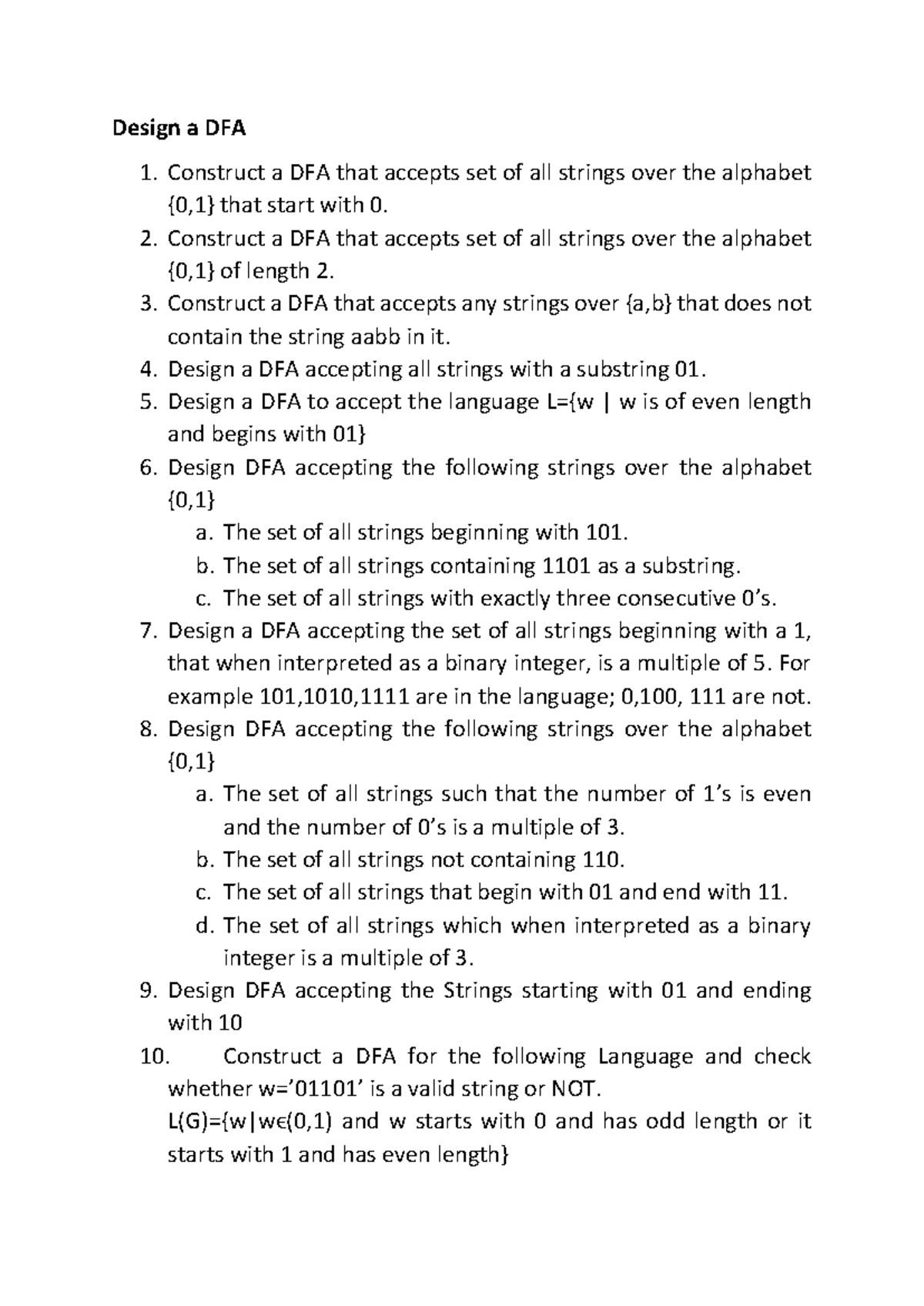 Problems-DFA and NFA Construction - Design a DFA Construct a DFA that ...