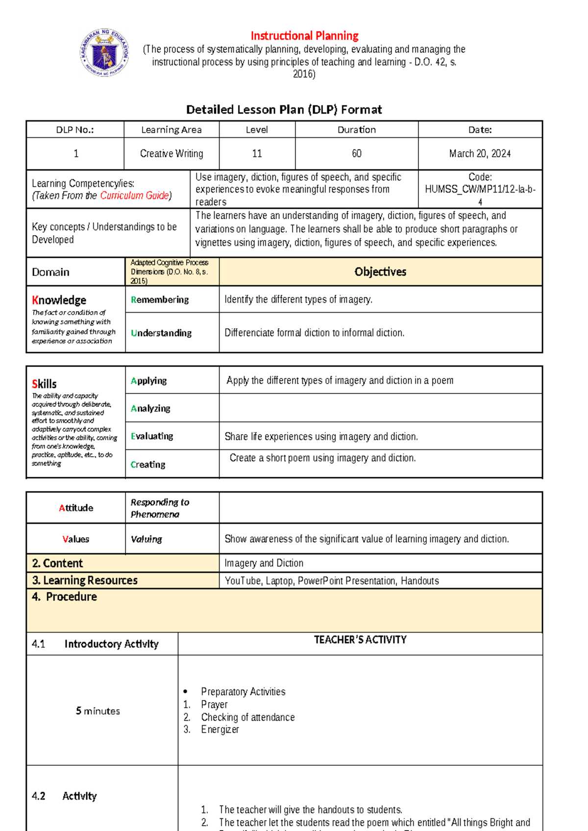 DLP-NI ERA - Instructional Planning (The process of systematically ...
