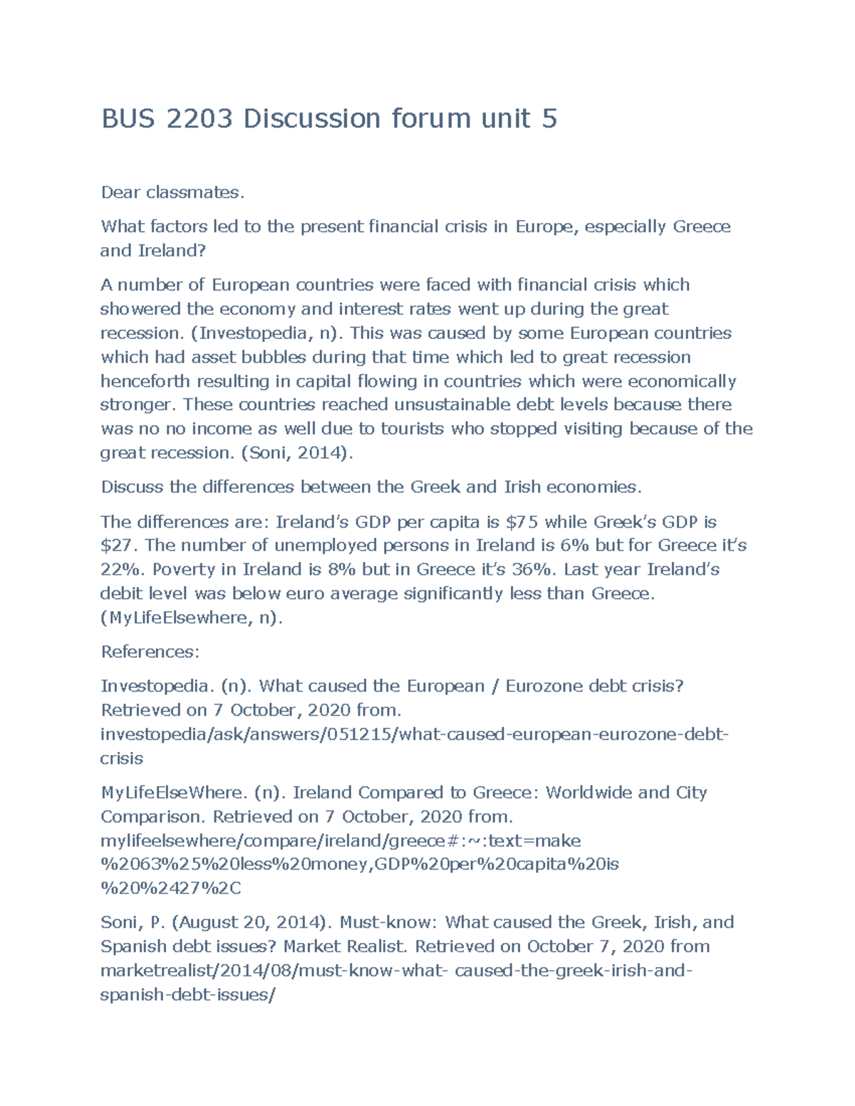 BUS 2203 Discussion forum unit 5 - BUS 2203 Discussion forum unit 5 ...