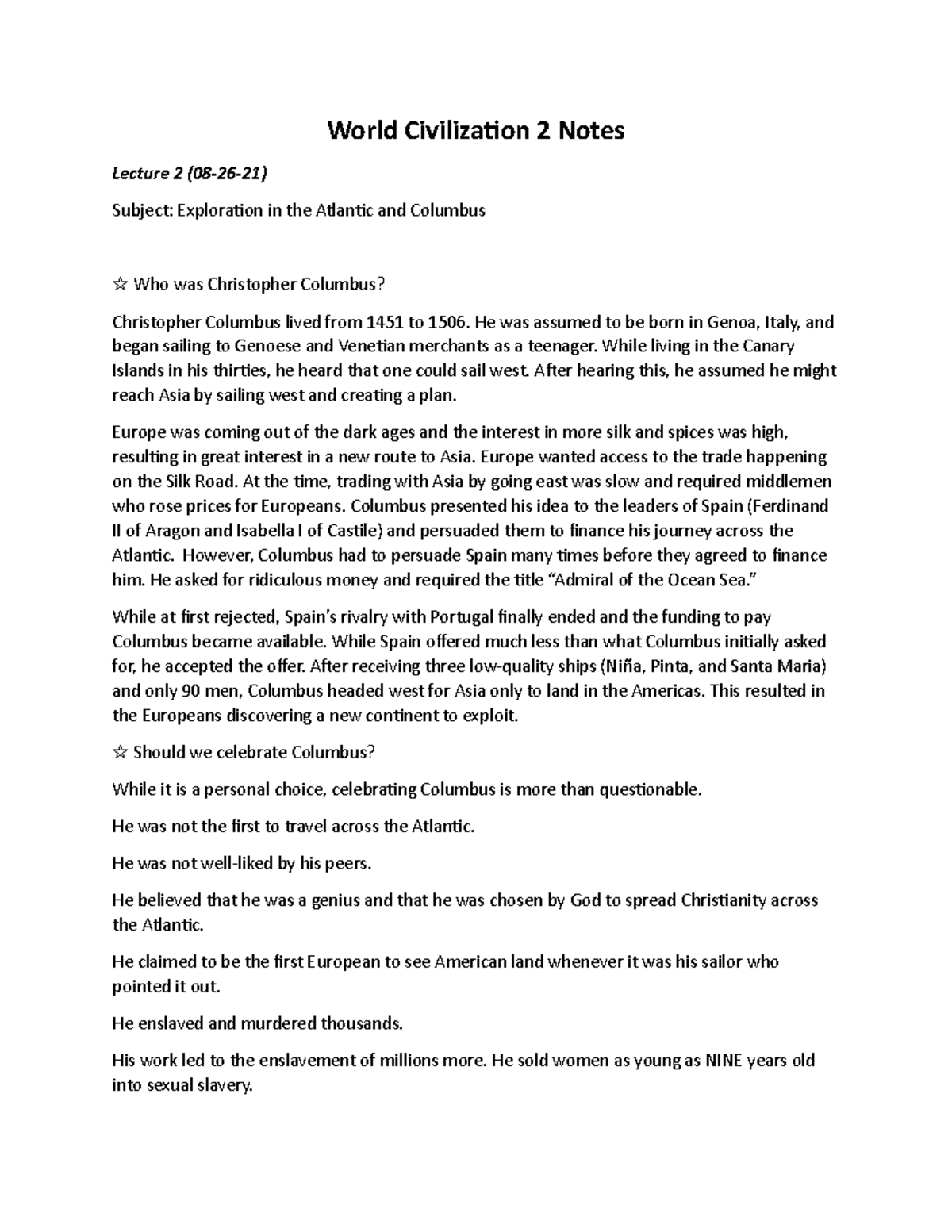 Notes - World Civ 2 - World Civilization 2 Notes Lecture 2 (08-26-21 ...