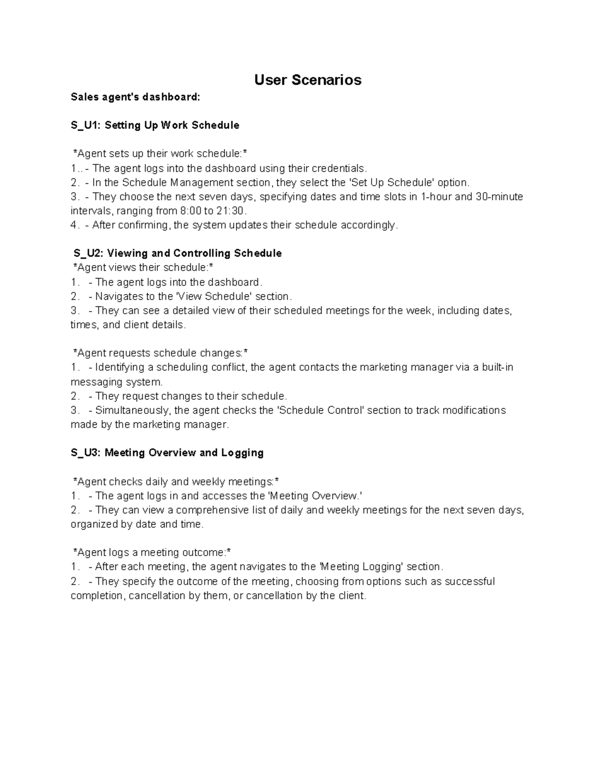 User Scenarios - lol - User Scenarios Sales agent's dashboard: S_U1 ...