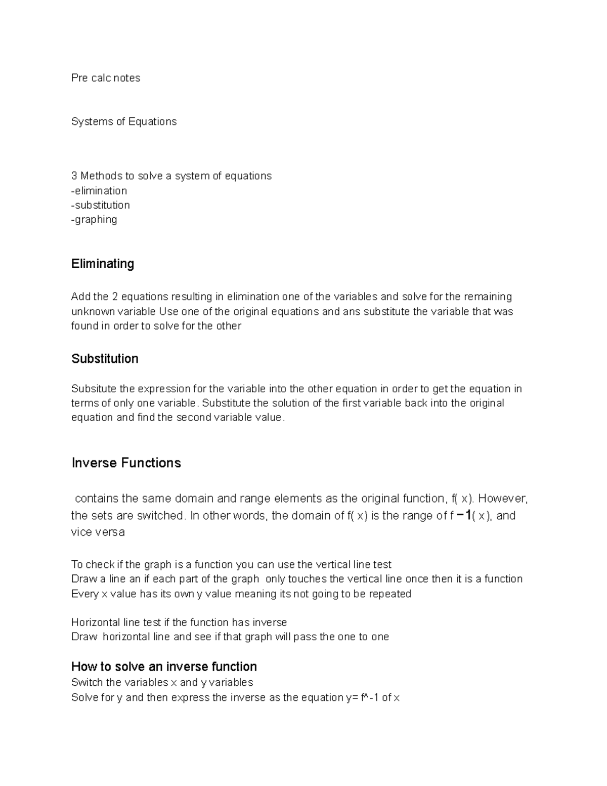 Pre Calc Pre Calc Assignment Pre Calc Notes Systems Of Equations 3 Methods To Solve A System