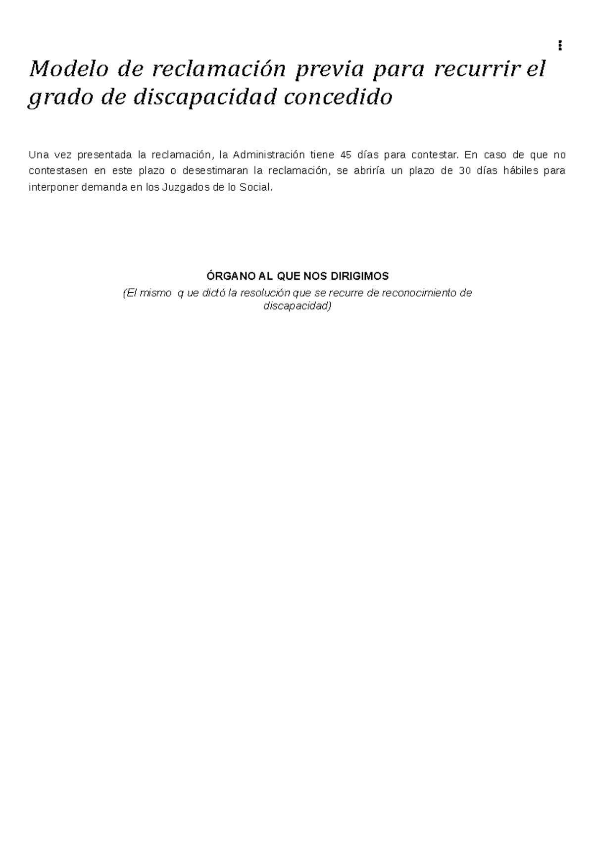 Modelo de reclamación previa para recurrir el grado de discapacidad ...