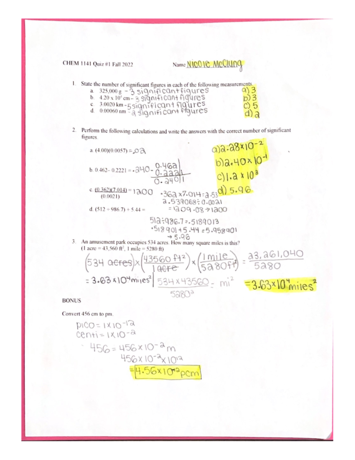 CHEM 1141 Quiz #1 Fall 2022 - CHEM 1141 Quiz Fall 2022 Name Nicole McClung 1. State the number ...