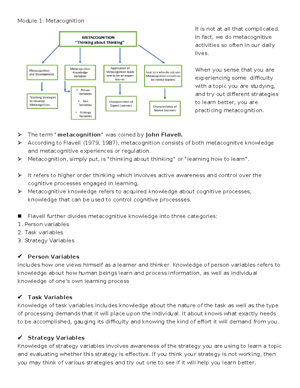 Metacognition - Module 1: Metacognition It is not at all that ...