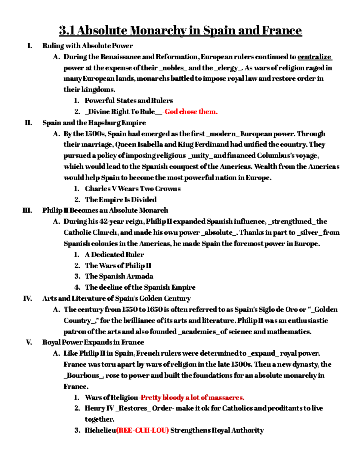 Copy of 3.1 Guided Notes - 3 Absolute Monarchy in Spain and France I ...