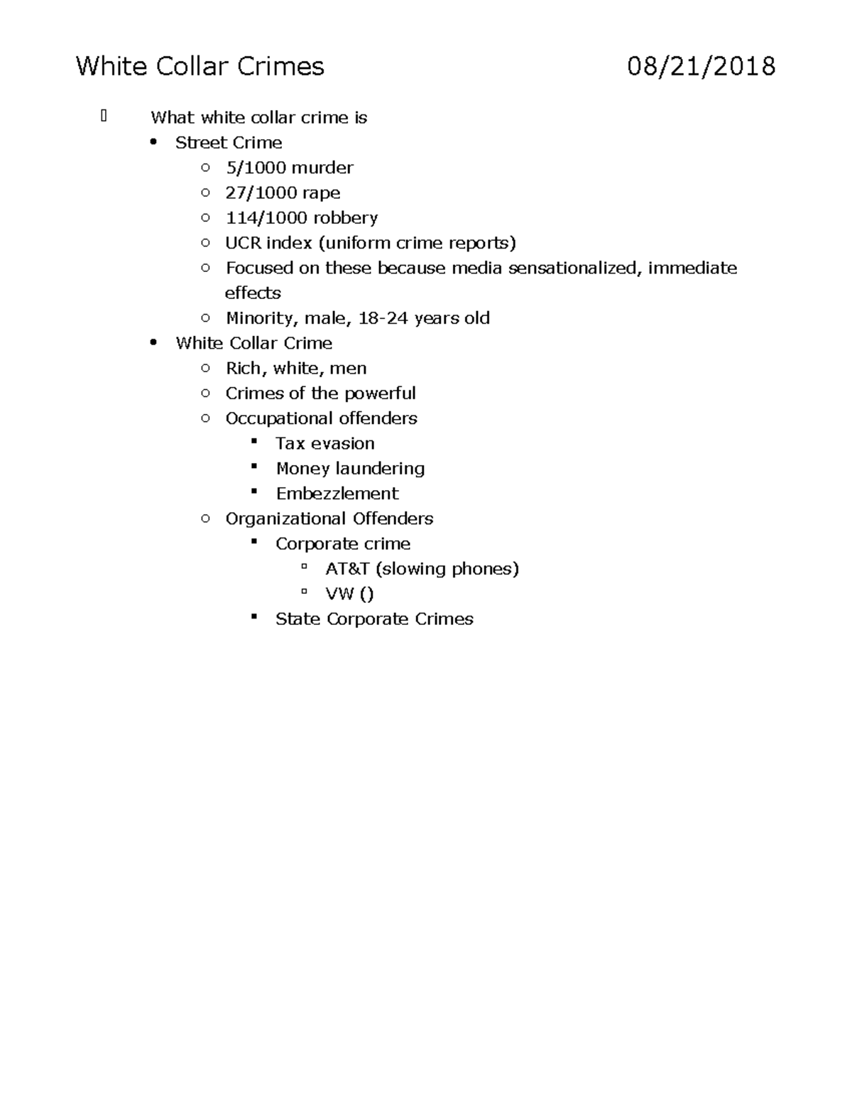 White Collar Crimes Notes 1 - White Collar Crimes 08/21/2018 What white ...