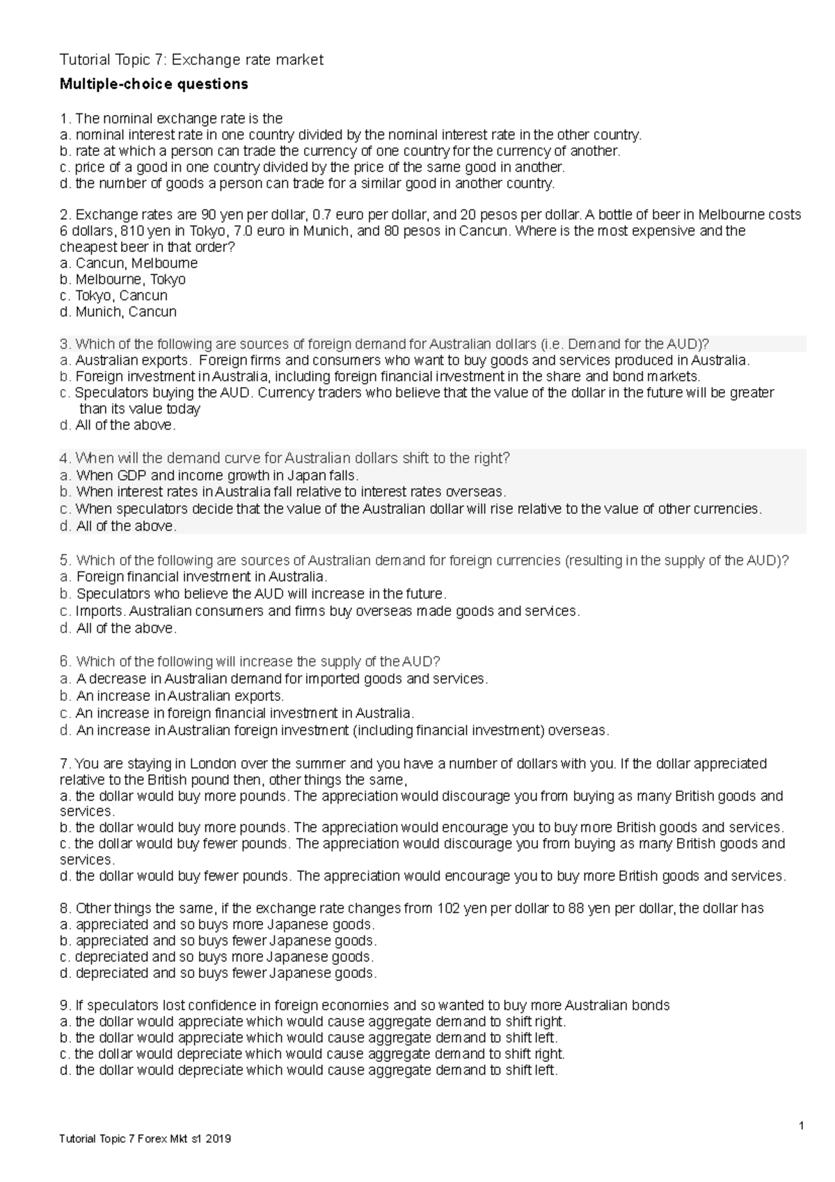 Tutorial Topic 7 Forex Mkt s1 2019 2 - Tutorial Topic 7: Exchange rate ...