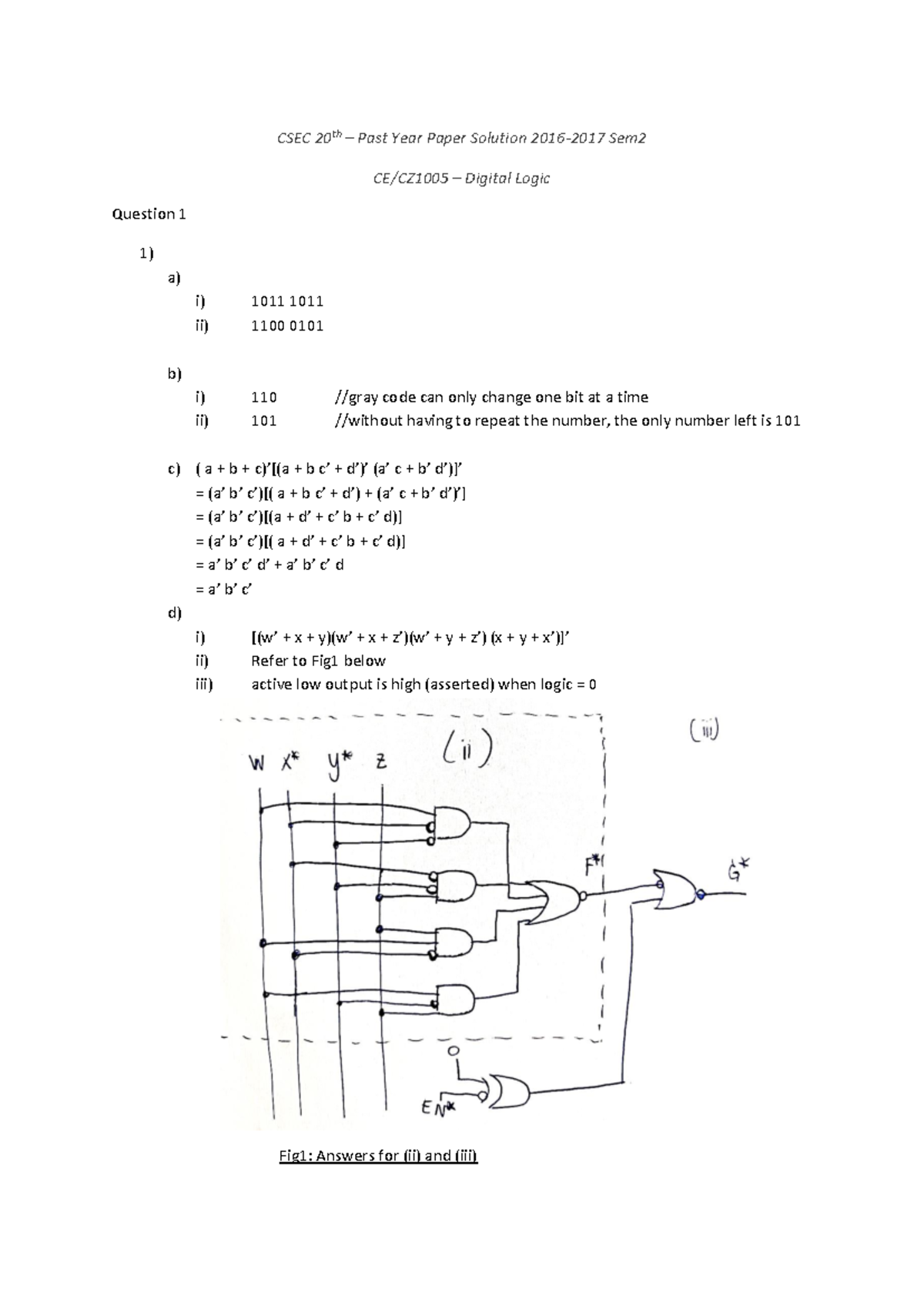 CX1005 Y16-17 S - Sem1 - CSEC 20th – Past Year Paper Solution 2016-2017 Sem CE/CZ1005 – Digital ...