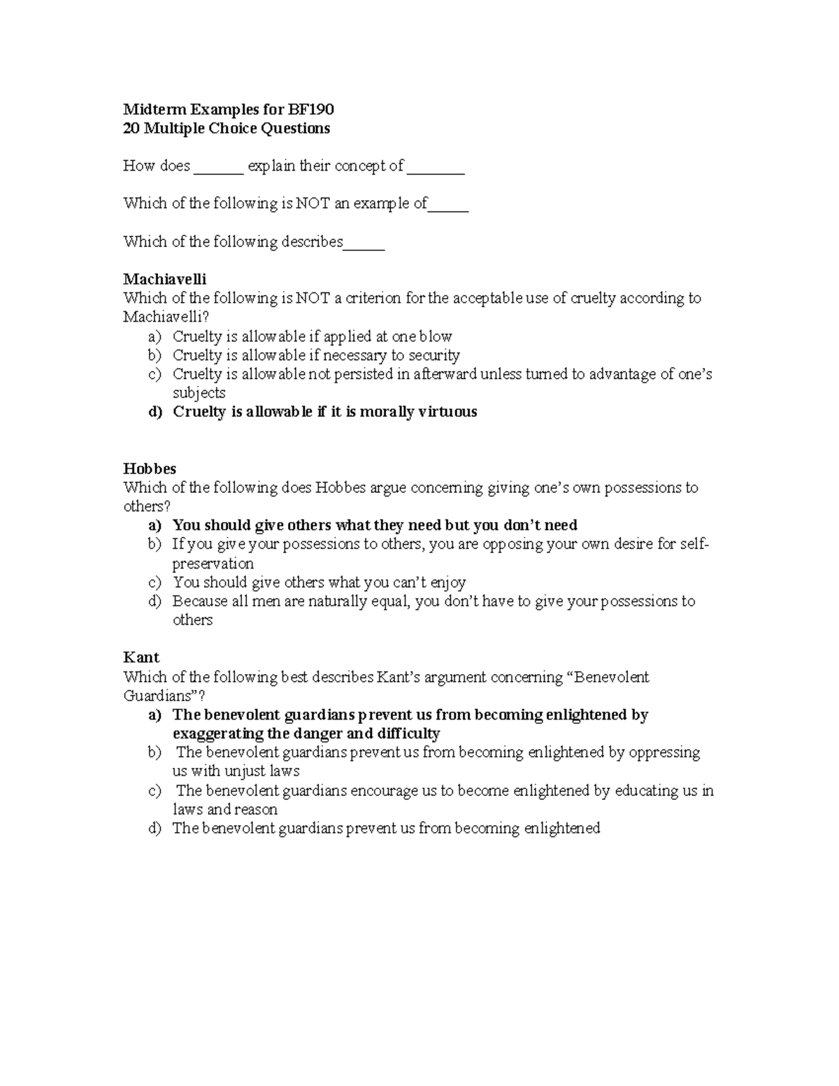 Midterm Examples for BF190 - Helpful - Midterm Examples for BF 20 ...