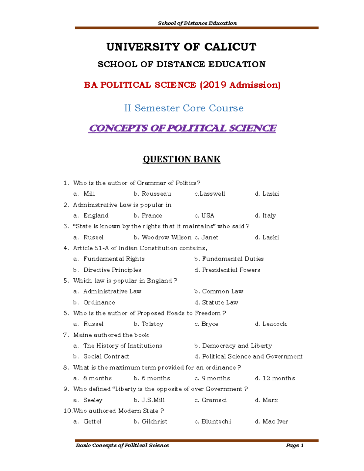 MCQ - Concept of Political Science - 2019 Admn - UNIVERSITY OF CALICUT ...