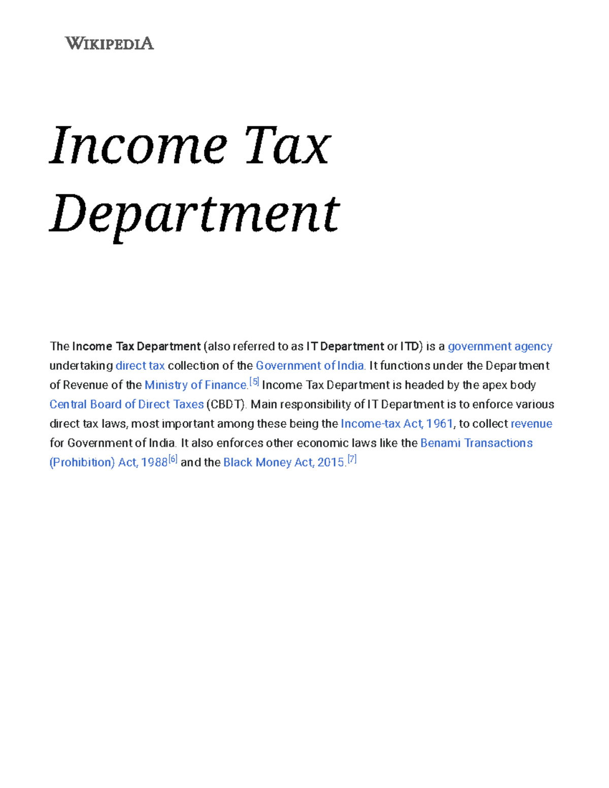 Income Tax Department - It functions under the Department of Revenue of ...