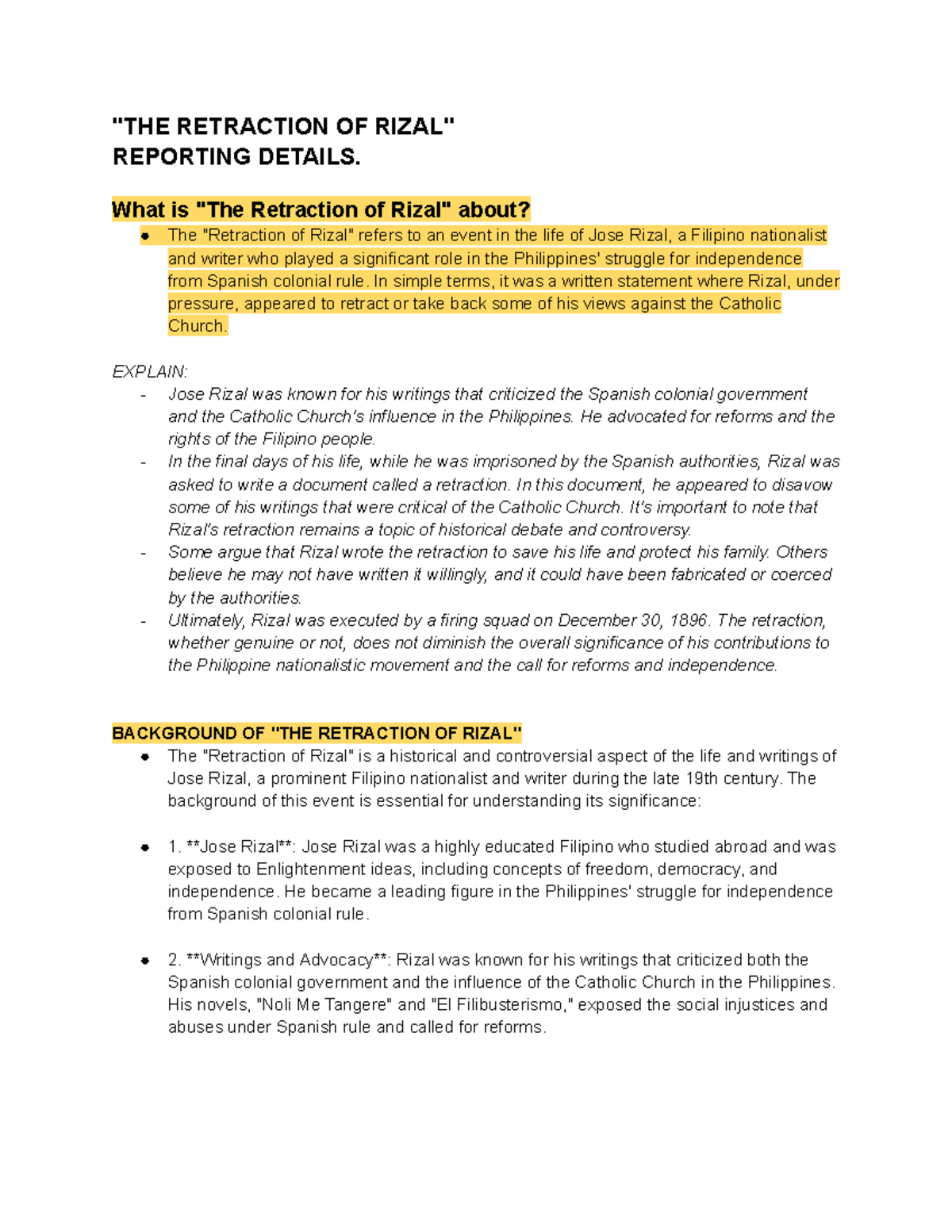 THE Retraction OF Rizal - "THE RETRACTION OF RIZAL" REPORTING DETAILS ...