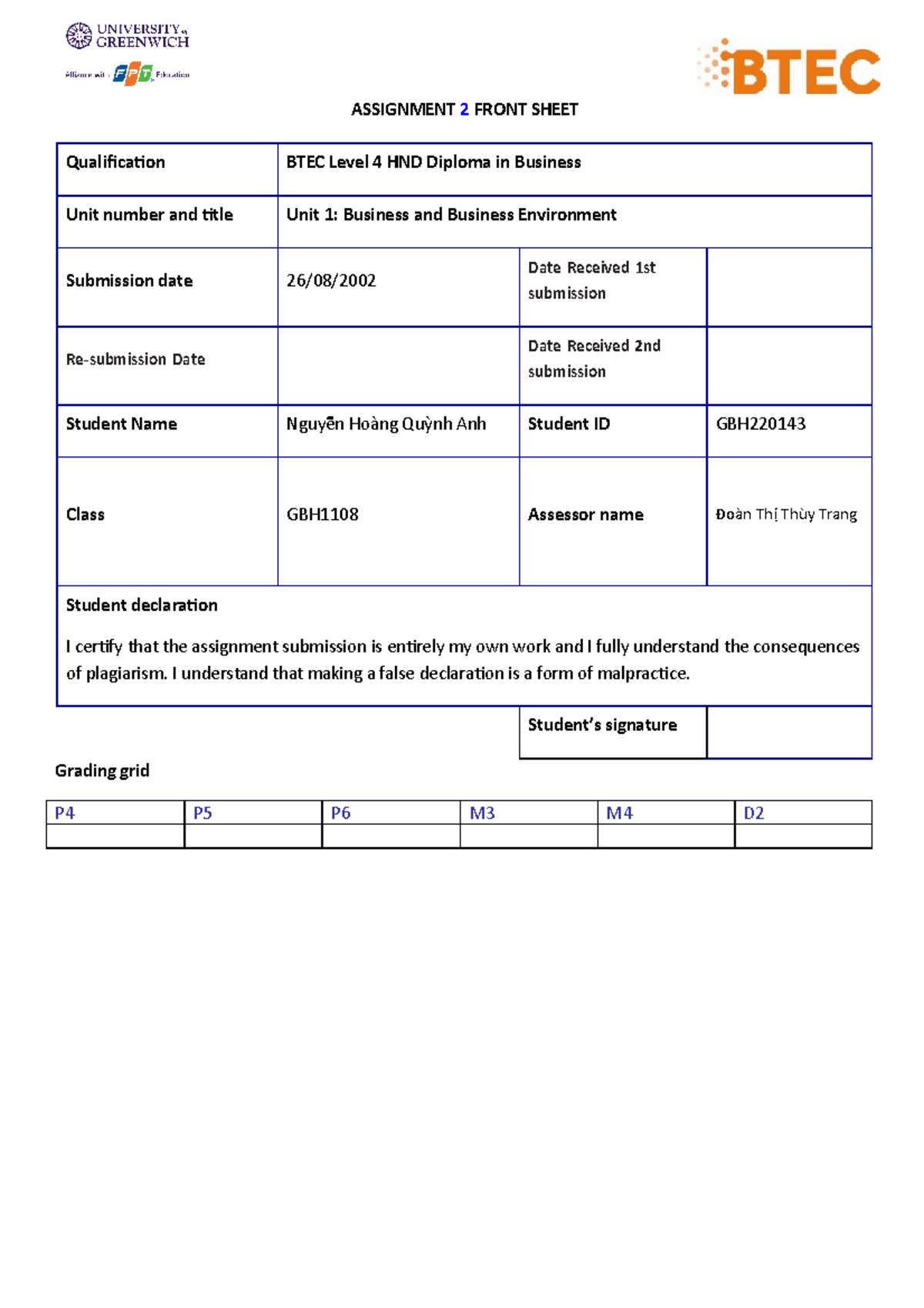 Nguyen Hoang Quynh Anh GBH22014 3-1 - ASSIGNMENT 2 FRONT SHEET ...