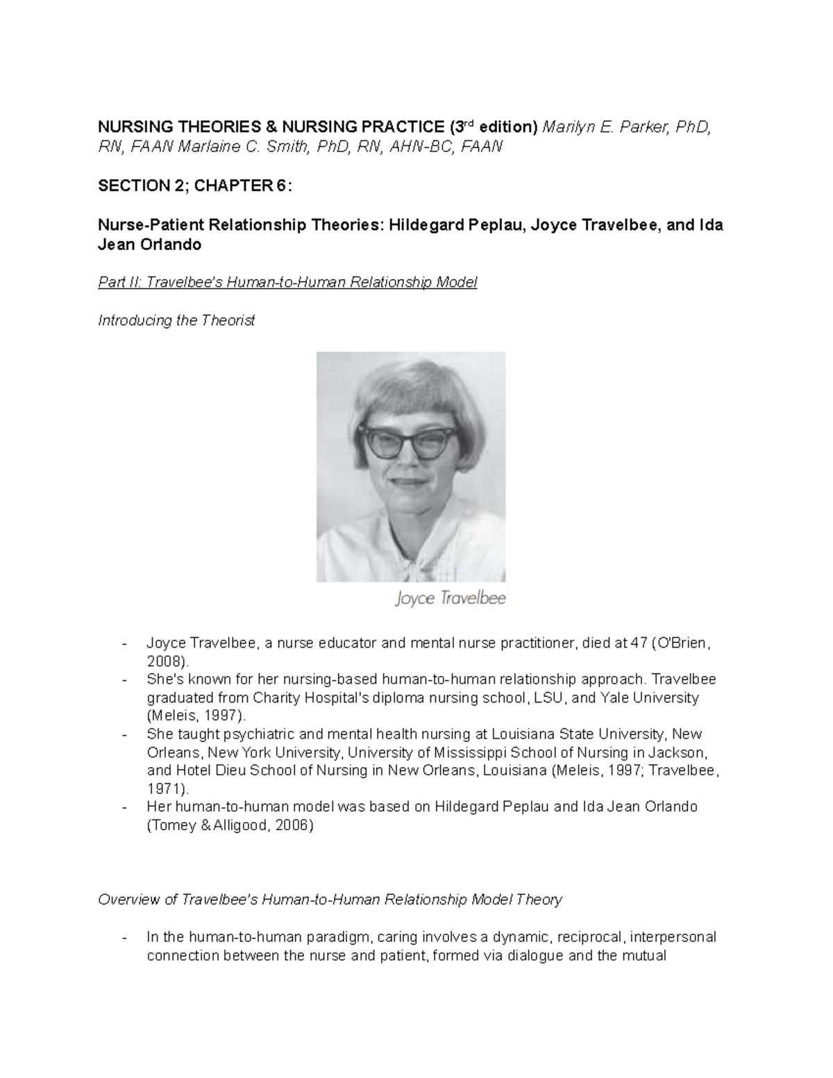 Joyce Travelbee - Lecture notes for TFN - NURSING THEORIES & NURSING ...