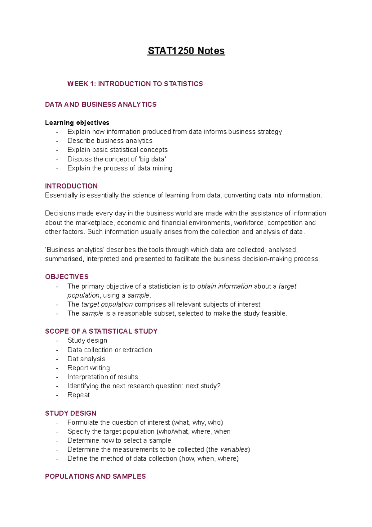 STAT1250 Business Stats (2.1) Notes - STAT1250 Notes WEEK 1 ...