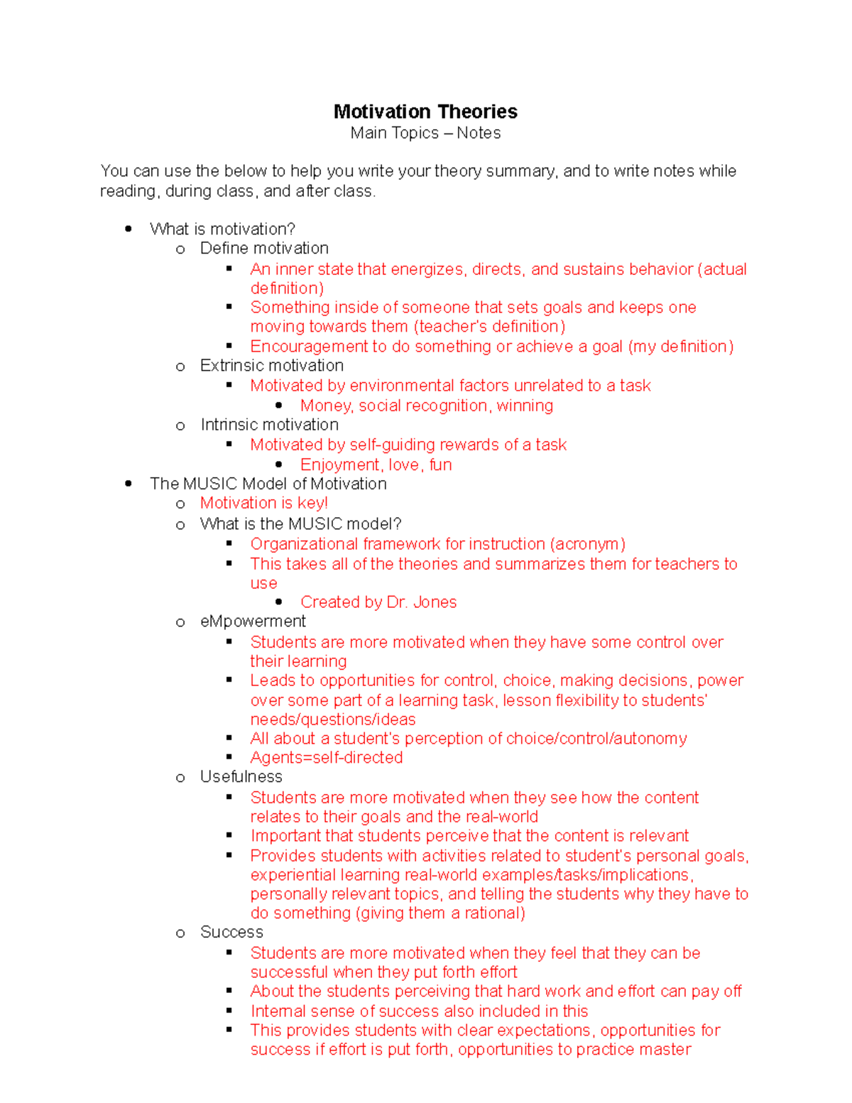 Motivation Notes W5 - Dr. Chittum - Motivation Theories Main Topics ...