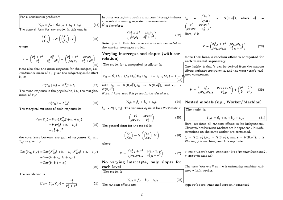 Linear Statistical Models Linear Mixed Models 2017 2018 - For a ...