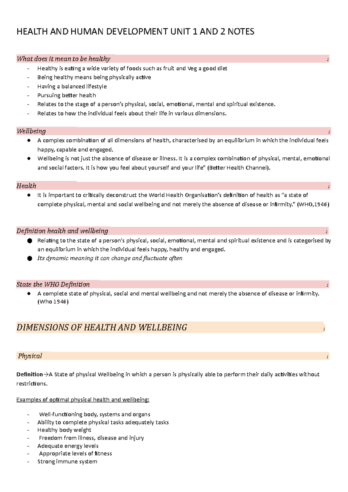 Health Human Imporant Notes - HEALTH AND HUMAN DEVELOPMENT UNIT 1 AND 2 ...