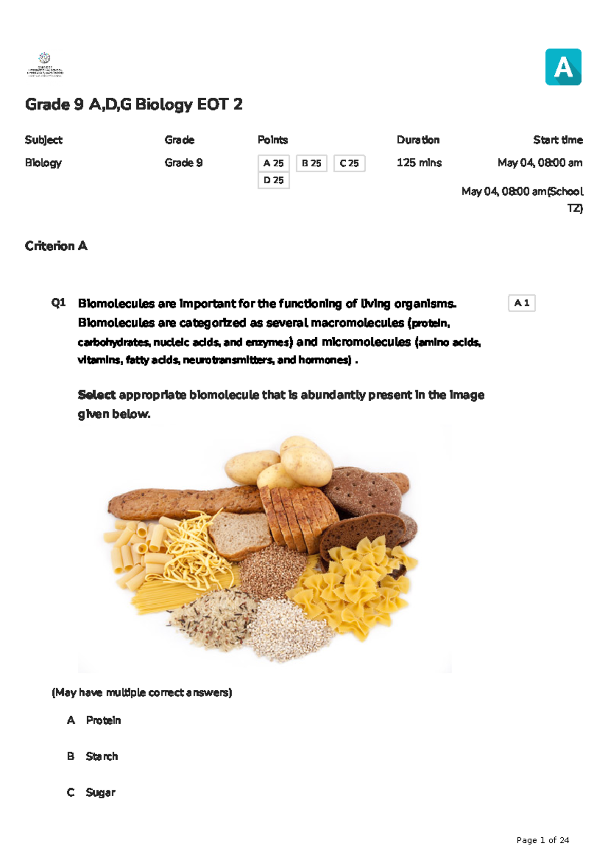 Grade 9 A,D,G Biology EOT 2 (6ZTY37) (1)-3b - Grade 9 A,D,G Biology EOT ...