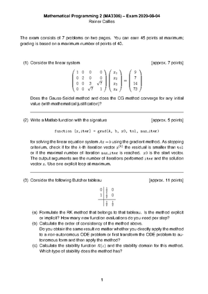CSE2 - 2020 - Summary - Numerical Programming 2 (MA 3306) Summer Term 2020 Rainer Callies ...