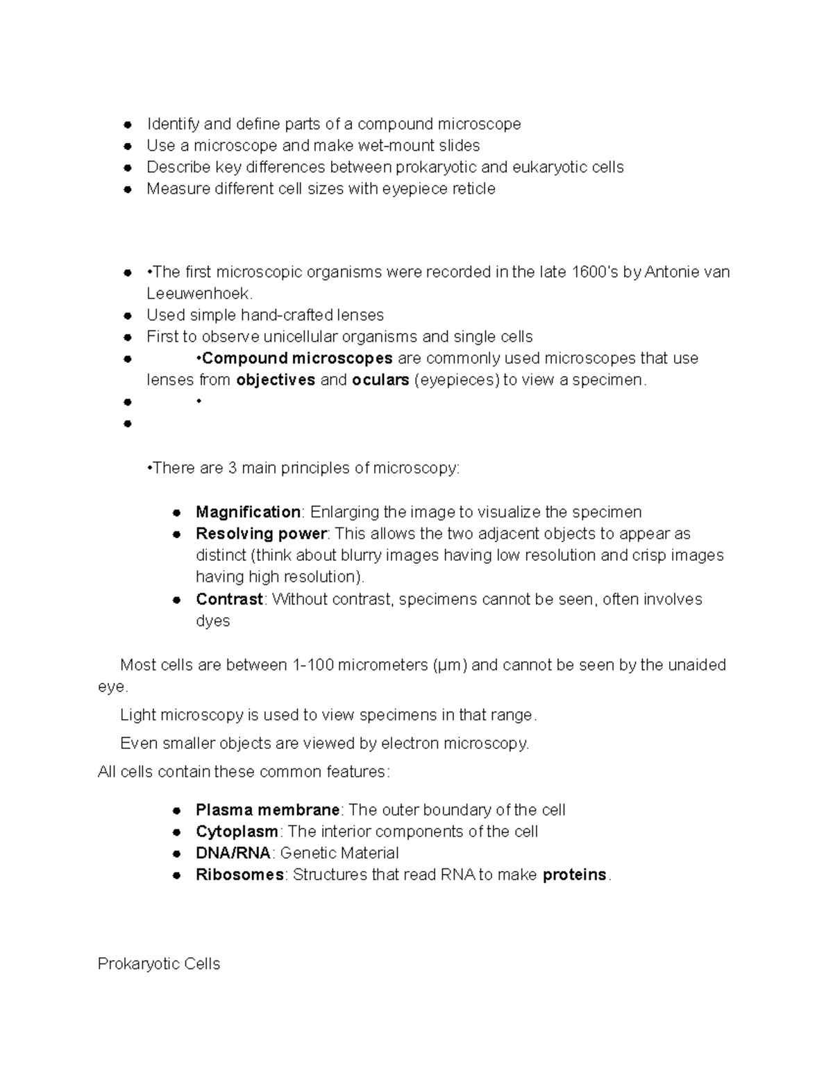 Lab 4 (cells and microscopy) notes - Identify and define parts of a ...