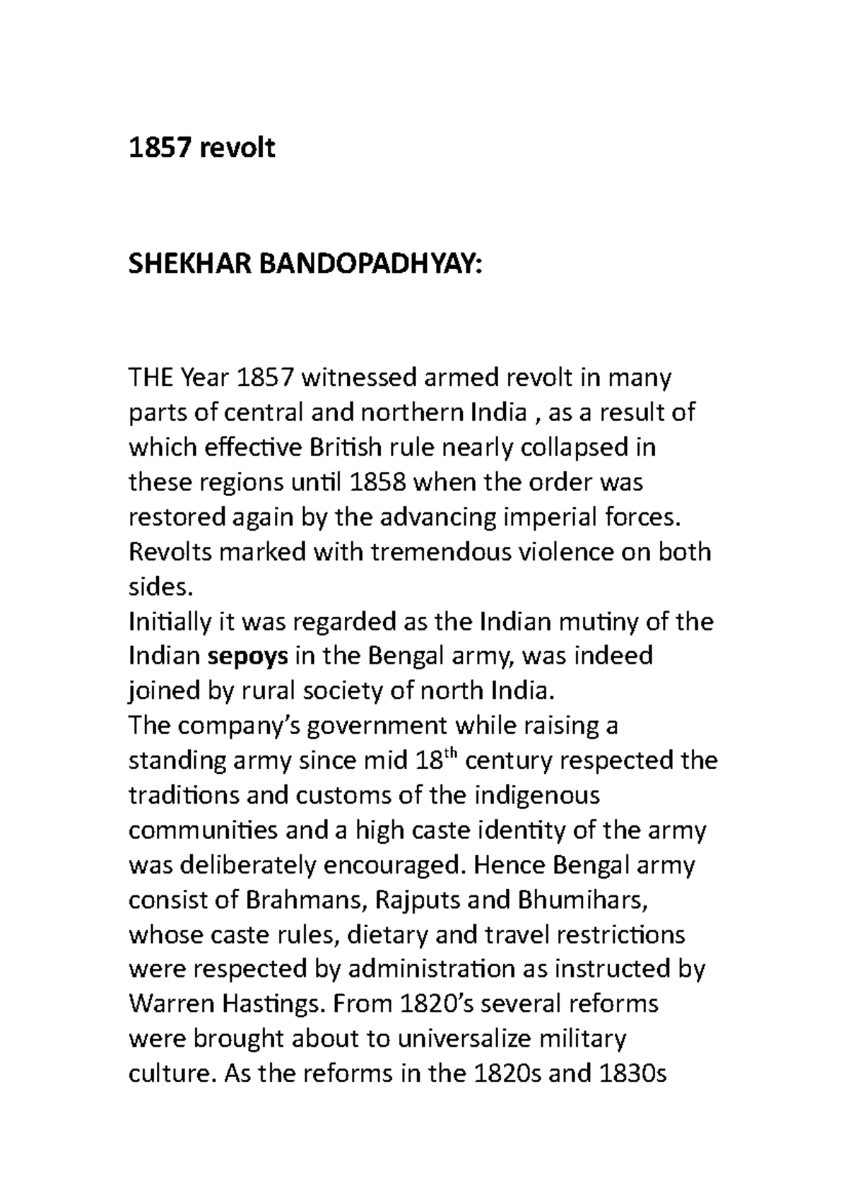 1857 revolt - 1857 revolt SHEKHAR BANDOPADHYAY: THE Year 1857 witnessed ...
