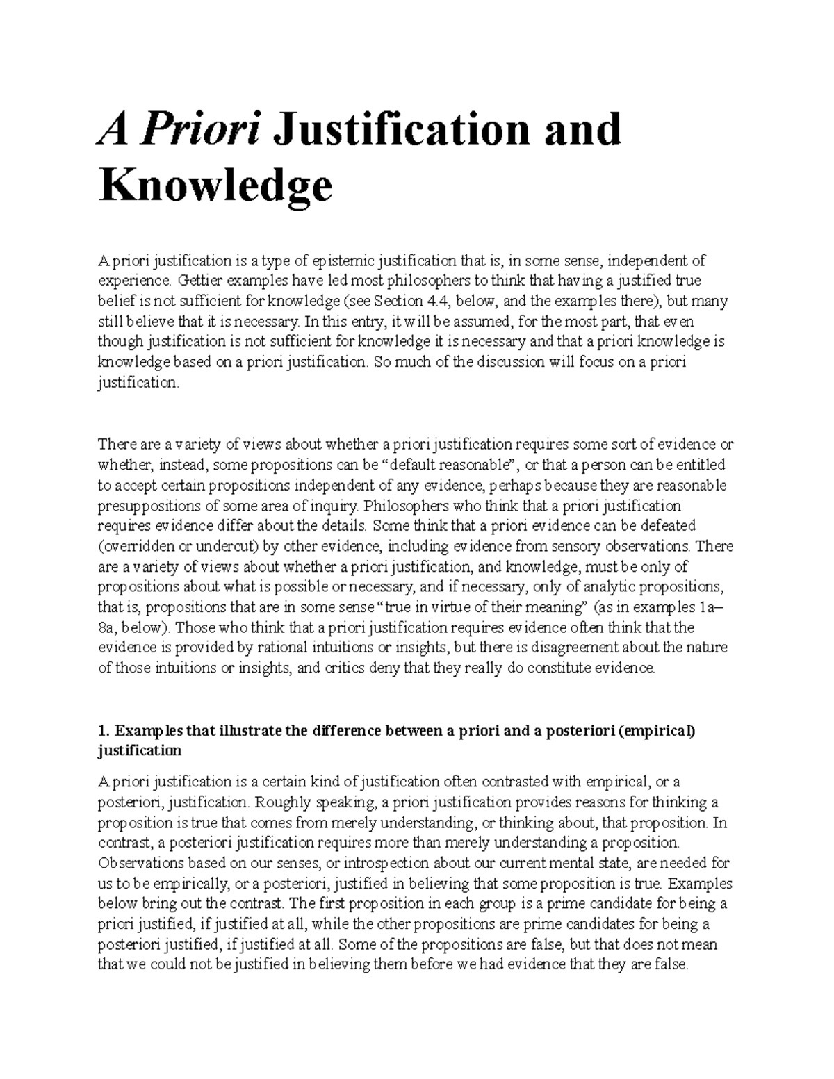Lecture 2 – A Priori Justification and Knowledge - A Priori ...