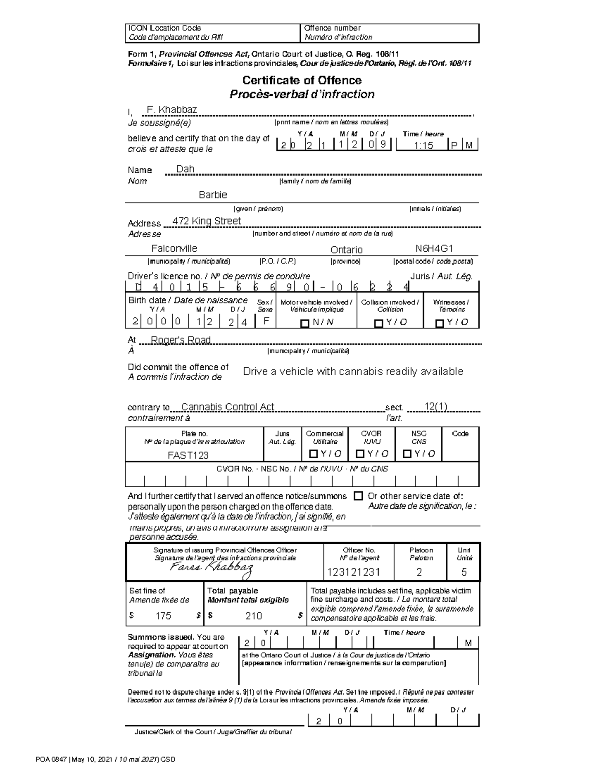 Certificate of Offence F211 last weed assignment - ICON Location Code ...