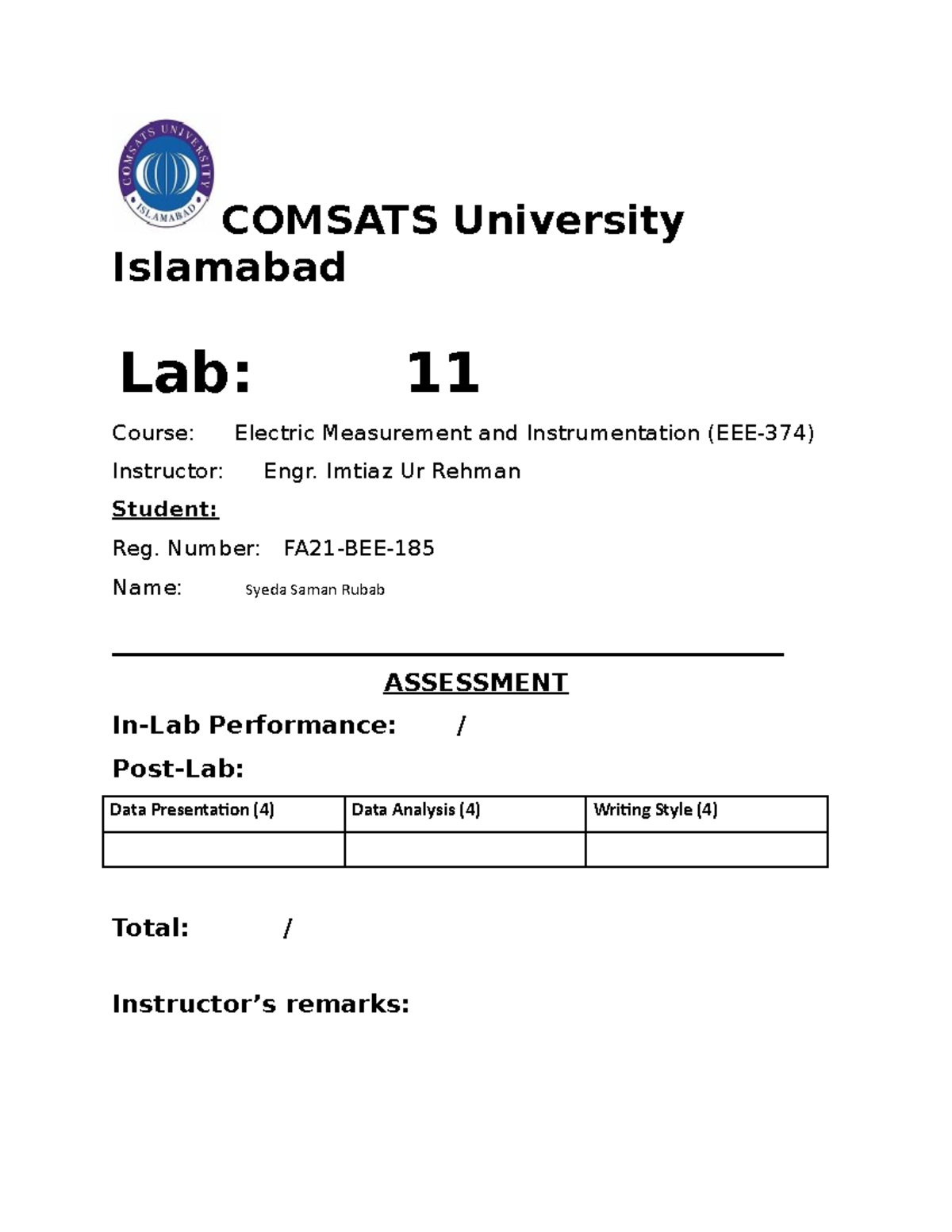 Emi lab 11 - COMSATS University Islamabad Lab: 11 Course: Electric Measurement and ...