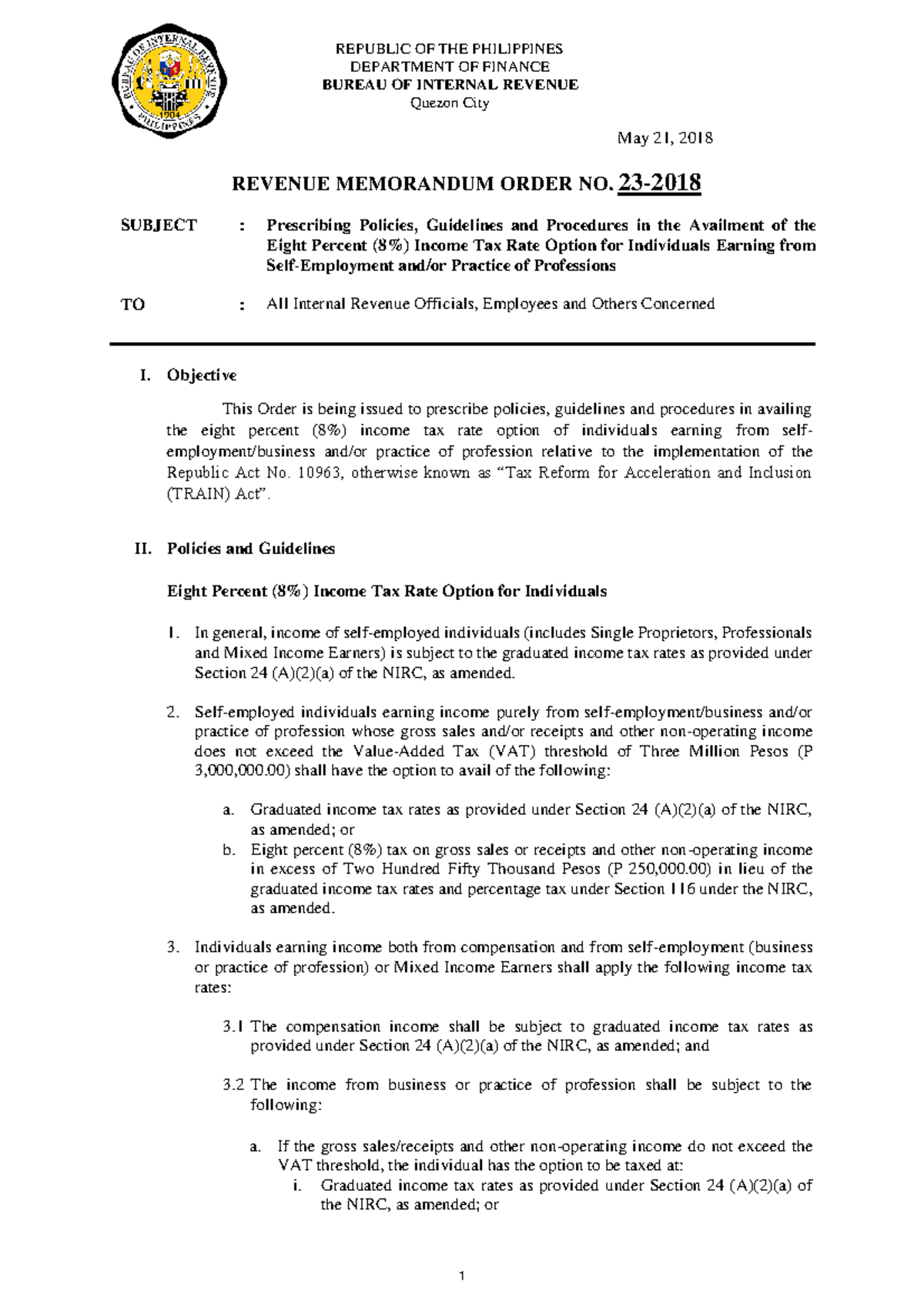 RMO No - RMO No - May 21, 2018 December 12, 2014 REVENUE MEMORANDUM ...