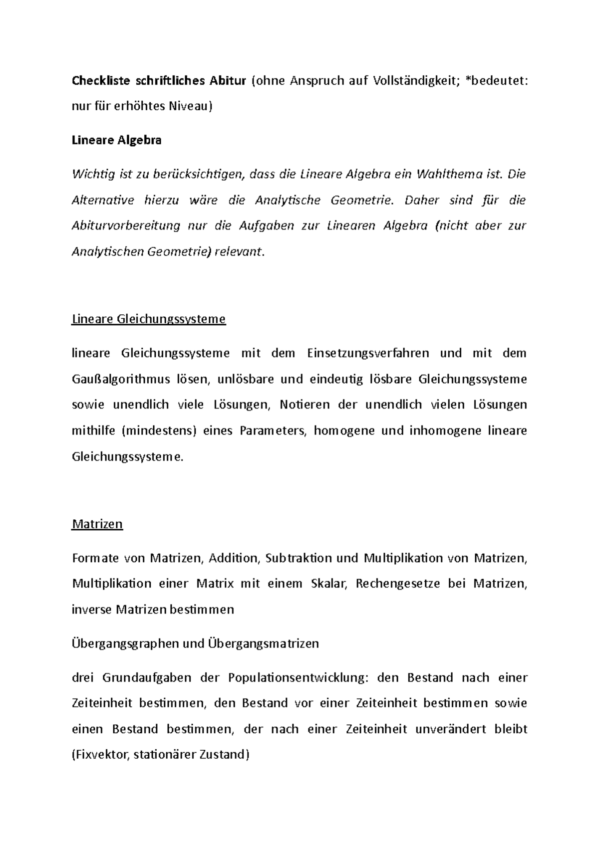 Checkliste Lineare Algebra - Checkliste schriftliches Abitur (ohne ...