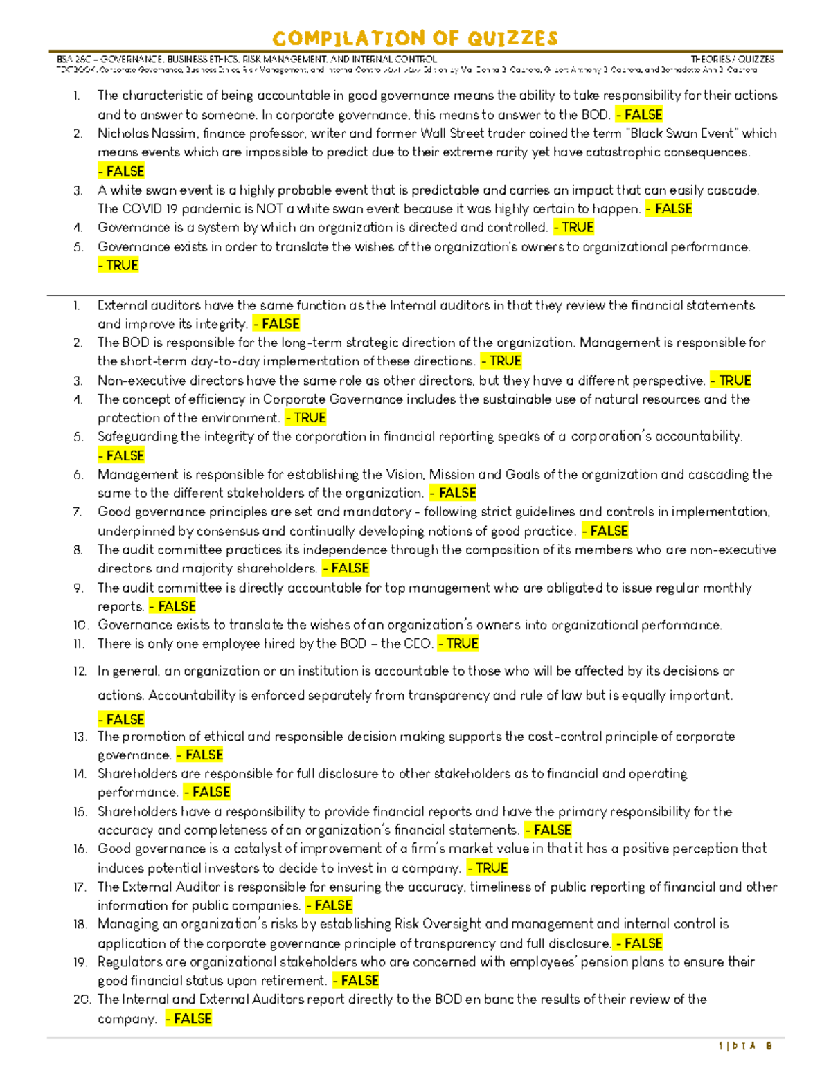 BSA 28 - COMPILATION OF QUIZZES - BSA 28C – GOVERNANCE, BUSINESS ETHICS ...