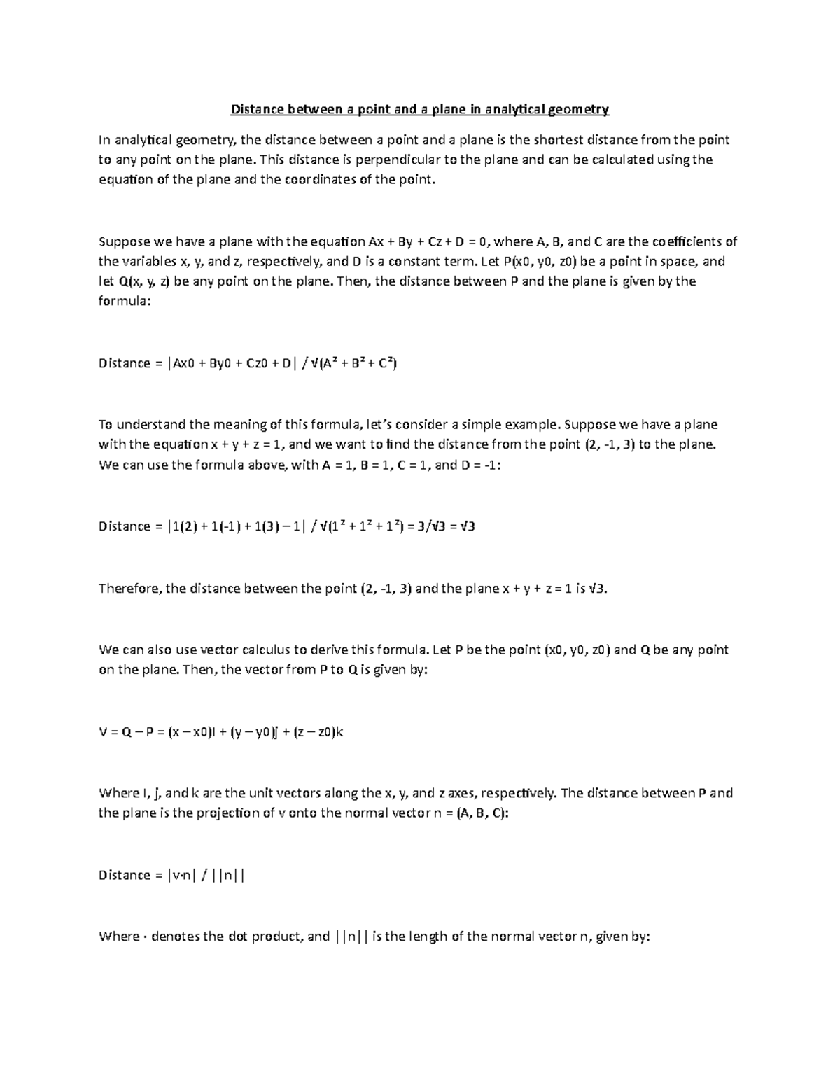 Distance between a point and a plane in analytical geometry - This ...