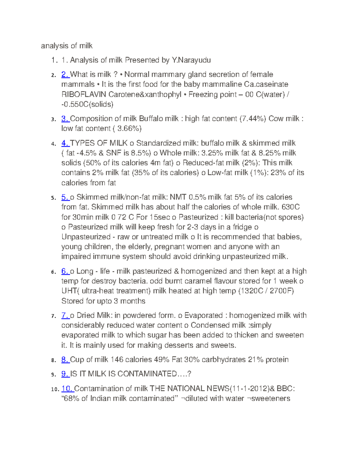 Analysis of milk - analysis of milk Analysis of milk Presented by Y ...