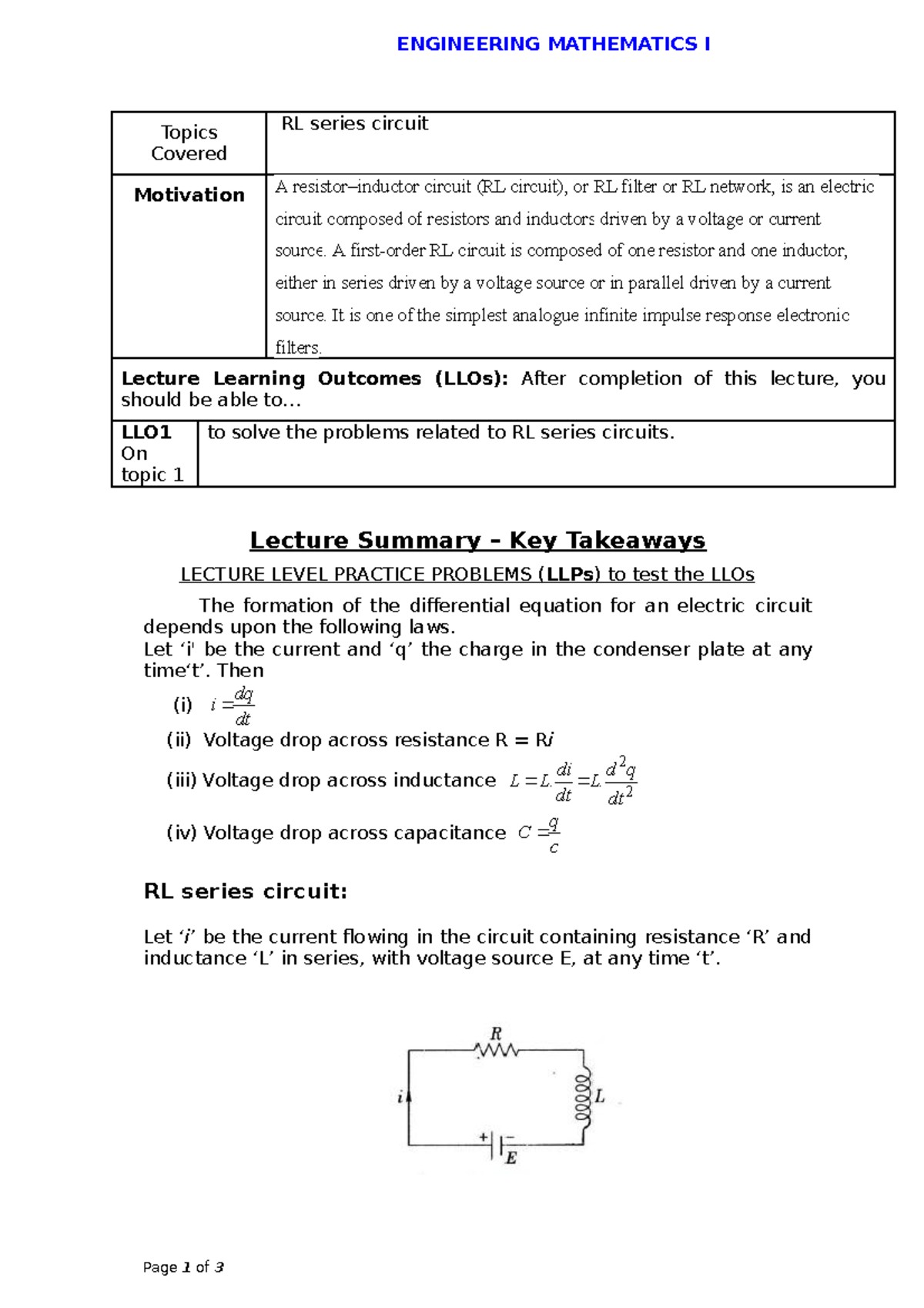 RL series circuit in m1 - ENGINEERING MATHEMATICS I Topics Covered RL ...