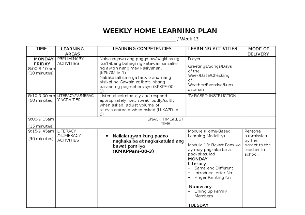 Weekly HOME Learning PLAN Week 13 - WEEKLY HOME LEARNING PLAN