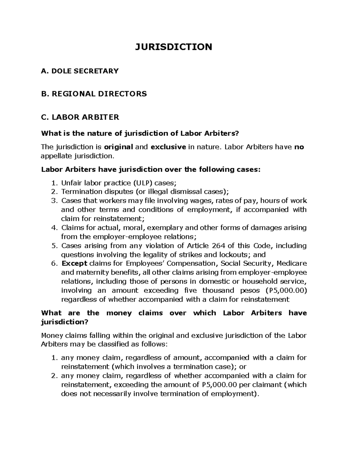 Labor-jurisdiction - Labor - JURISDICTION A. DOLE SECRETARY B. REGIONAL ...