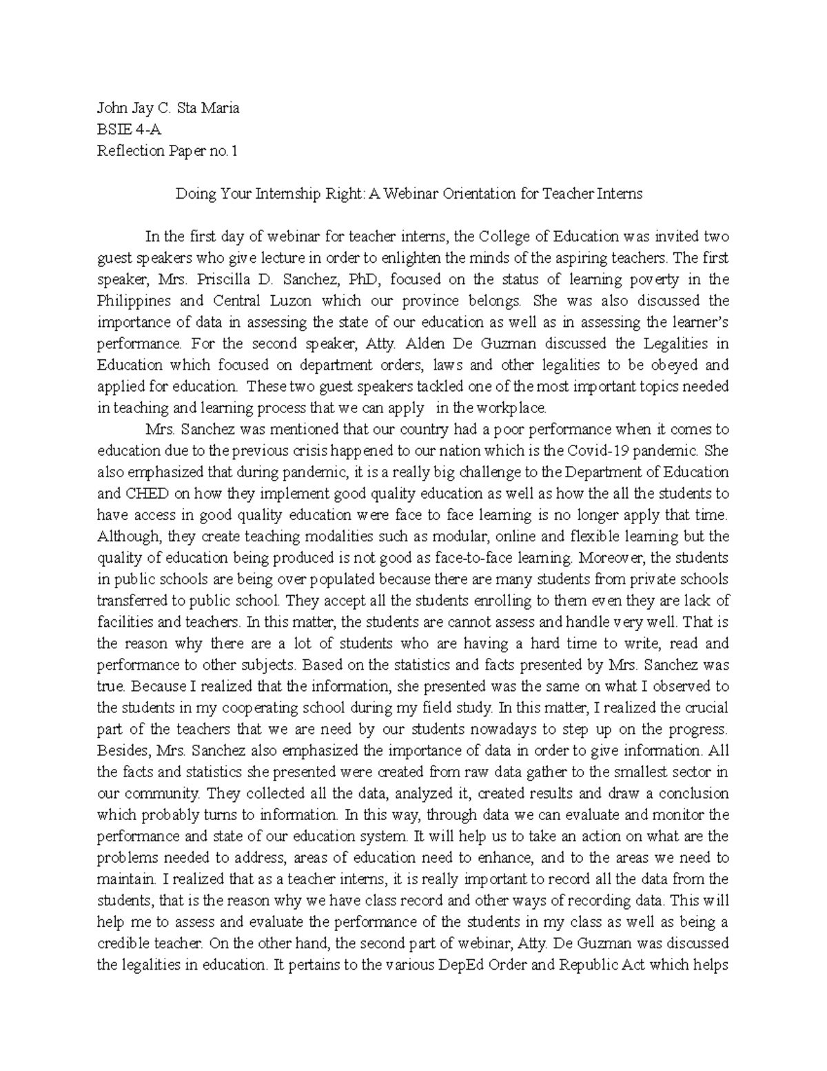 1st and 2nd Reflection ni Junjey - John Jay C. Sta Maria BSIE 4-A ...