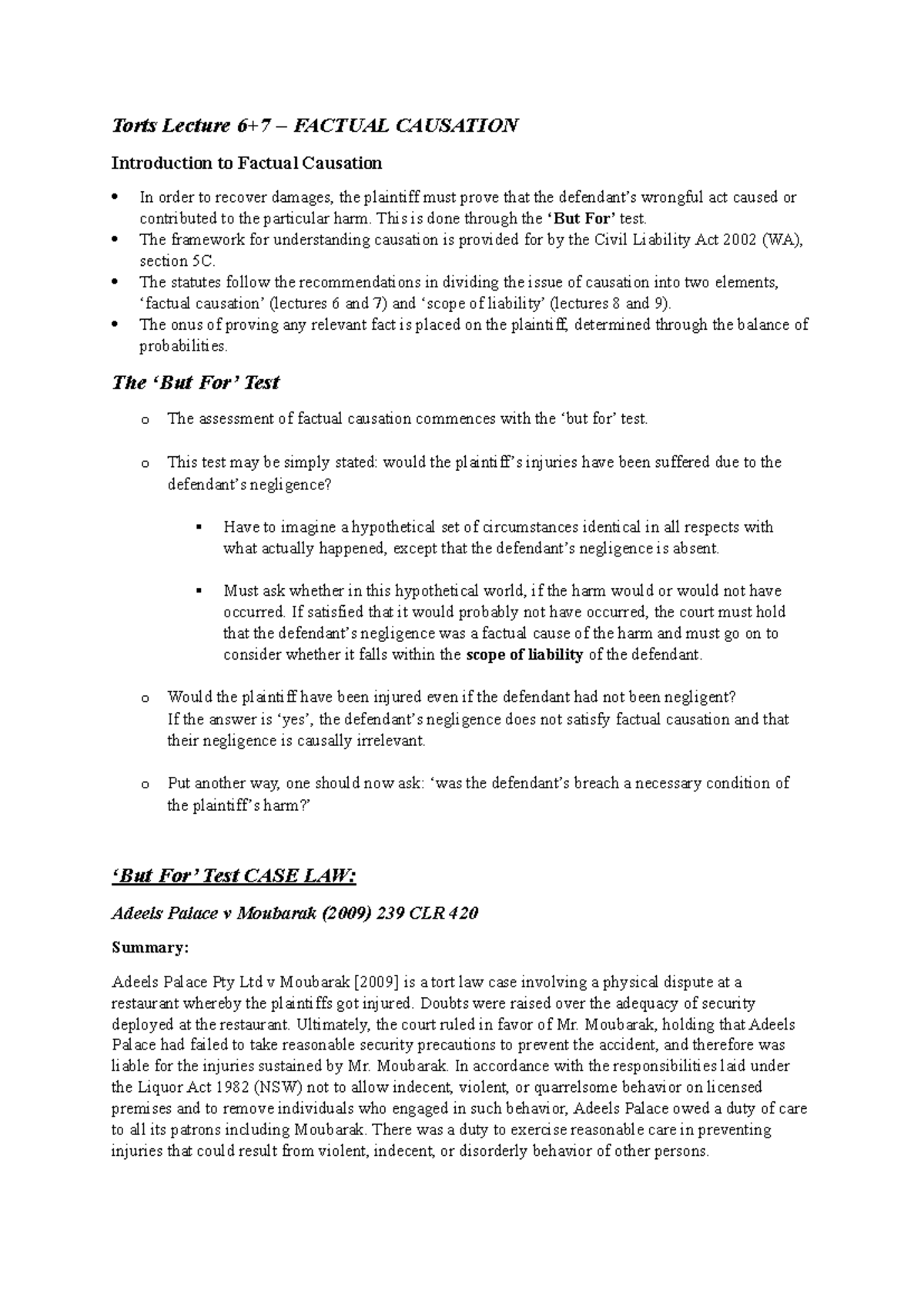 Torts Lecture 6+7 Notes - Torts Lecture 6+7 – FACTUAL CAUSATION ...