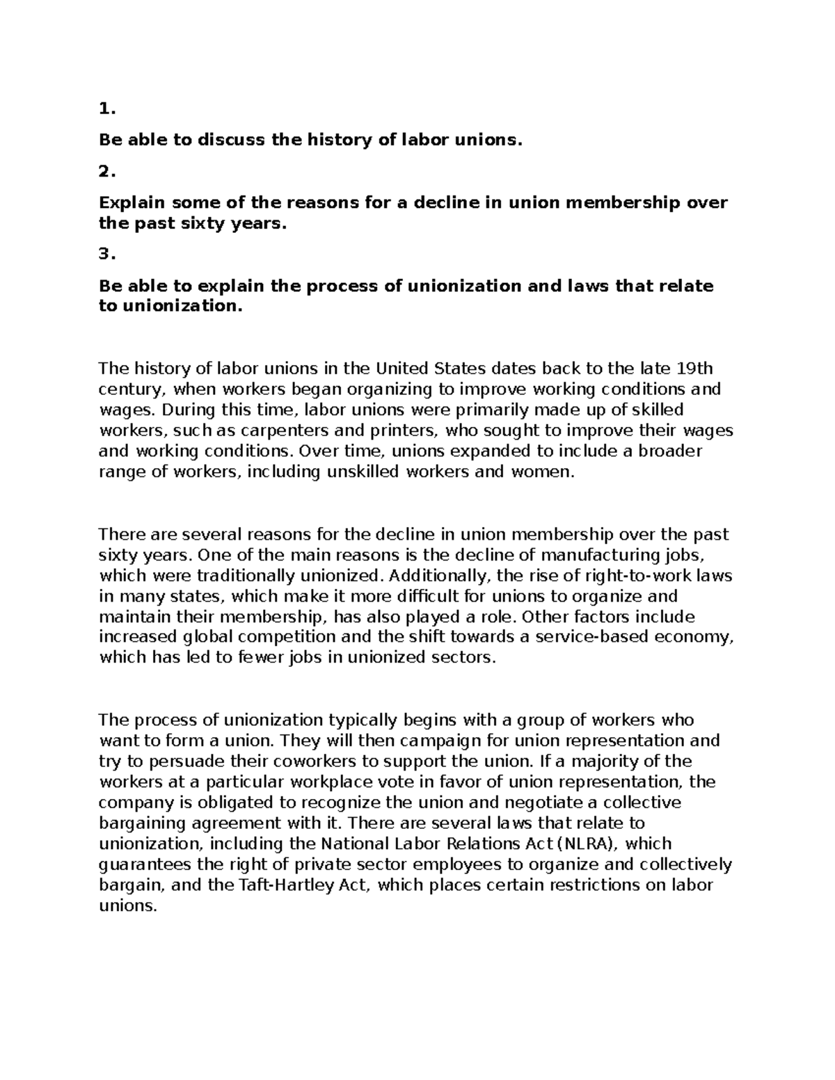 The Nature of Unions - 1. Be able to discuss the history of labor ...