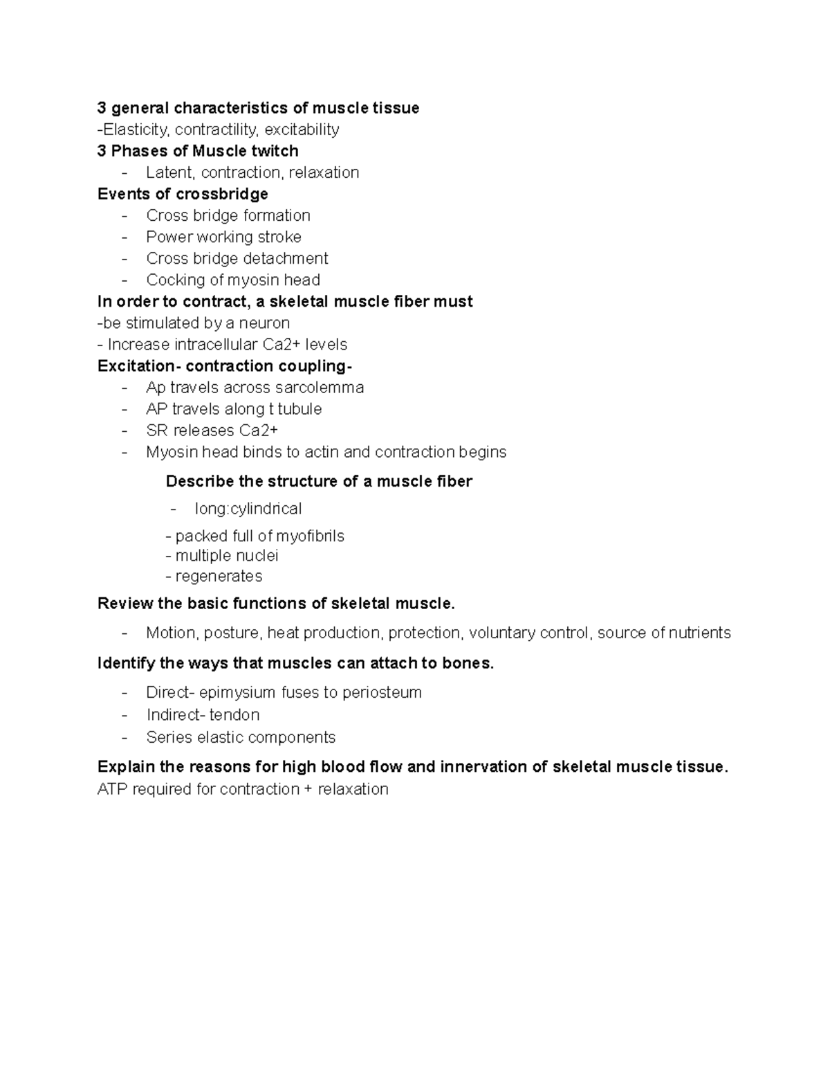 430 Exam 2 study guide - 3 general characteristics of muscle tissue ...