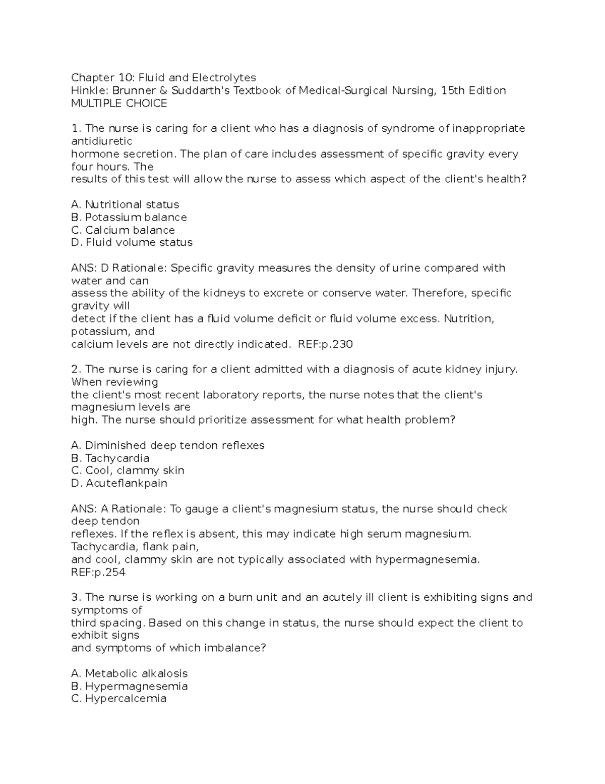 Chapter 10 Fluid and Electrolytes Study Guide - Chapter 10: Fluid and ...