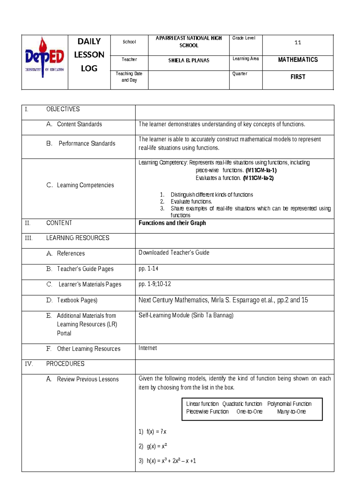 MATH 11 - Sample DLL - DAILY LESSON LOG School APARRI EAST NATIONAL ...