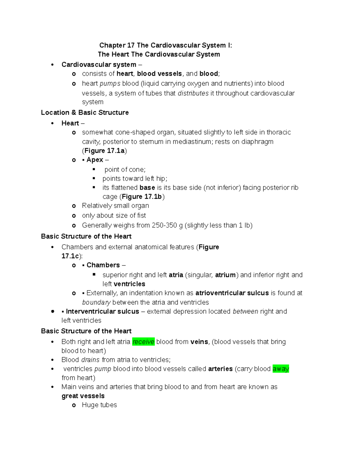 Chapter 17 The Cardiovascular System I The Heart Lecture Notes Chapter 17 The Cardiovascular