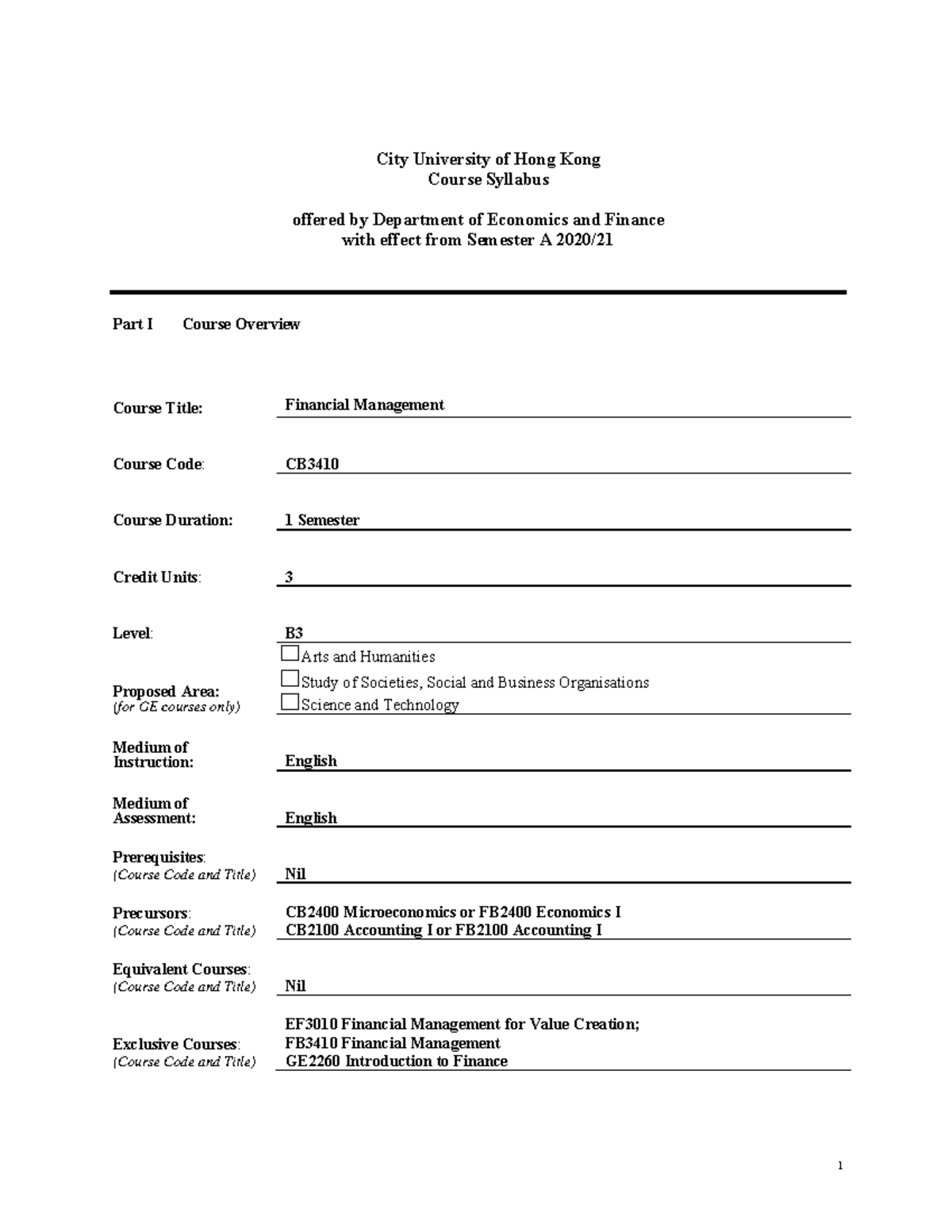 CB3410 financial Management Course Syllabus 2020 21 semesterA semesterB 