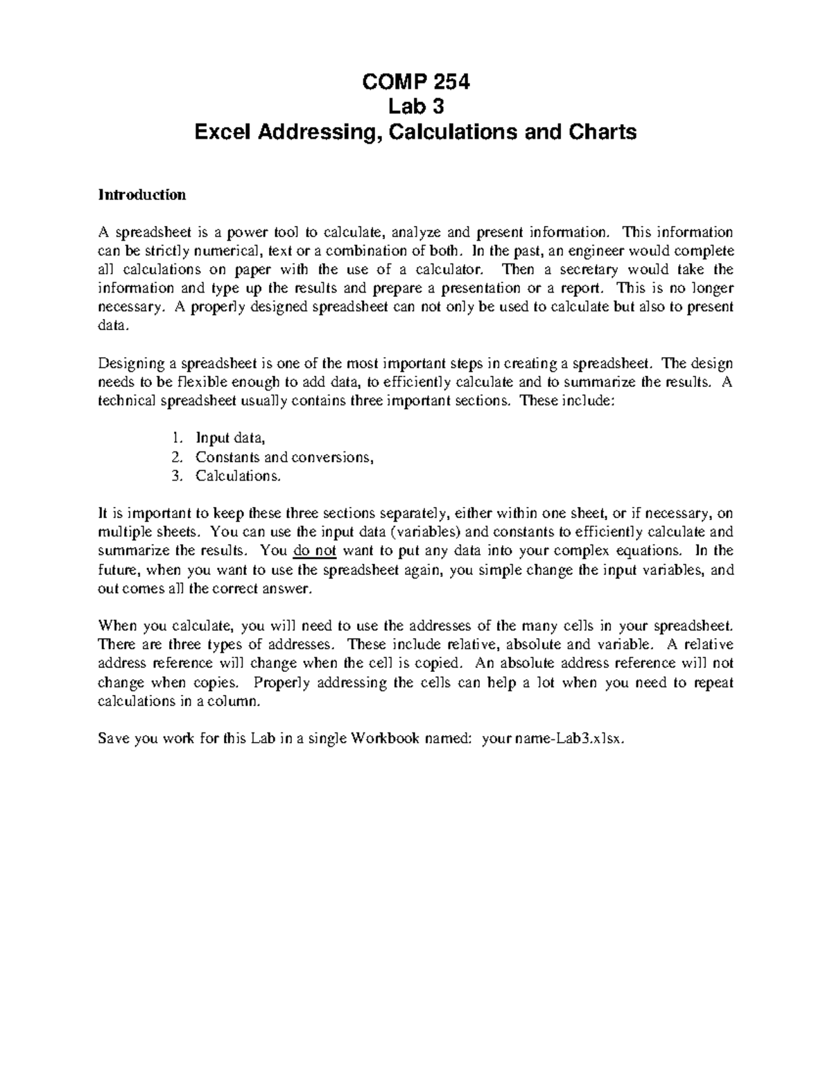 Lab 3 exercise material - COMP 254 Lab 3 Excel Addressing, Calculations ...