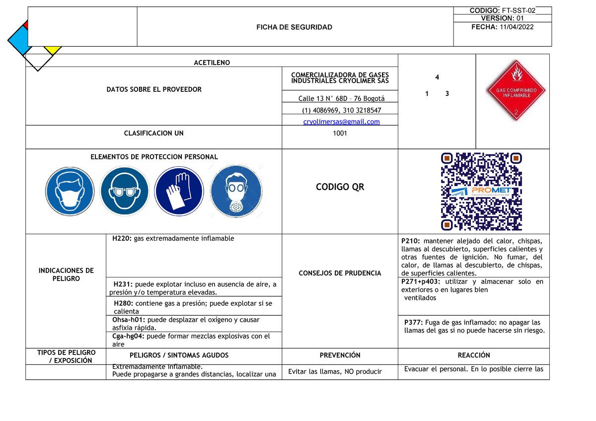FDS ACETILENO FICHA DE SEGURIDAD - FICHA DE SEGURIDAD CODIGO: FT-SST ...